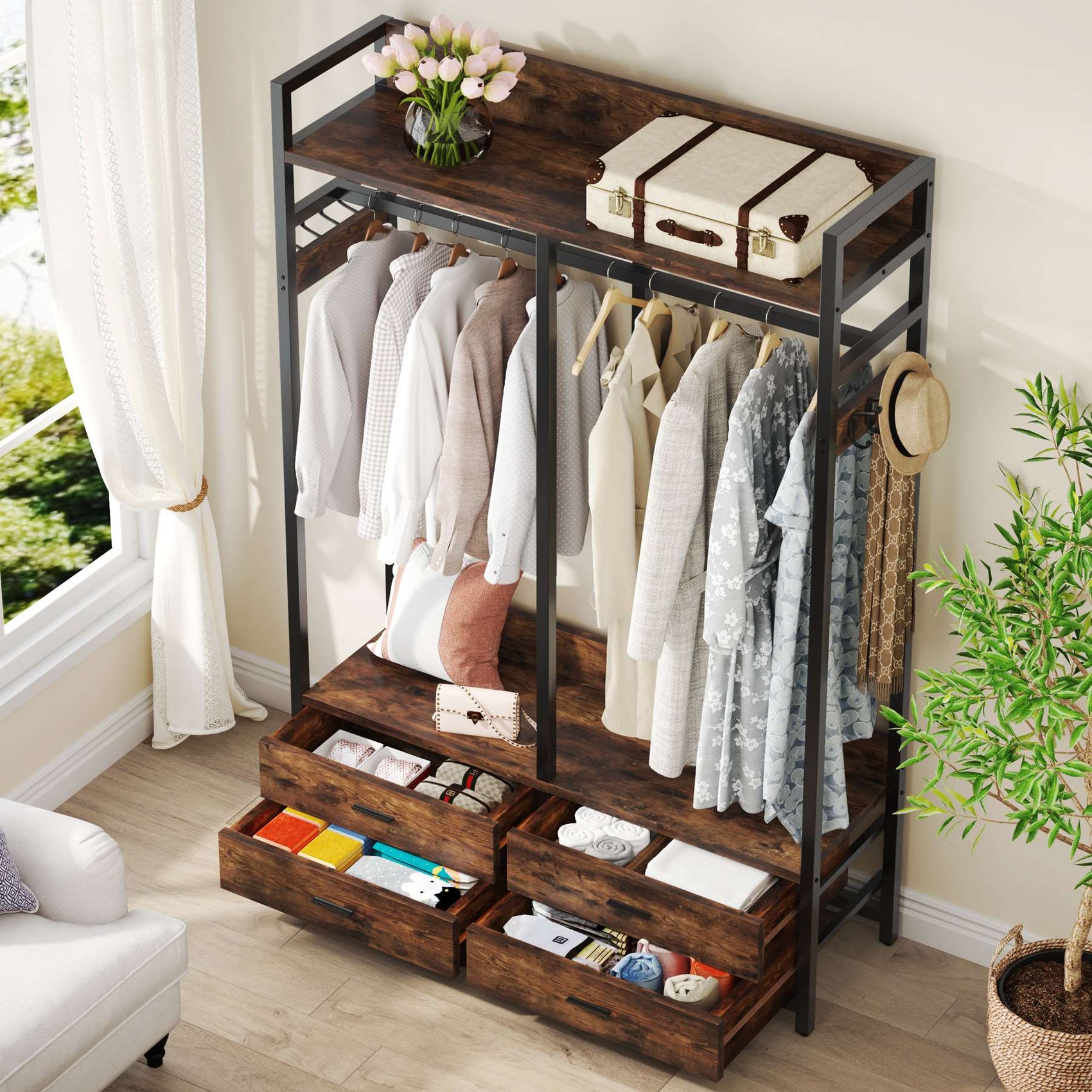 Tribesigns Freestanding Closet Organizer with Drawers, Hooks & Shelves ...