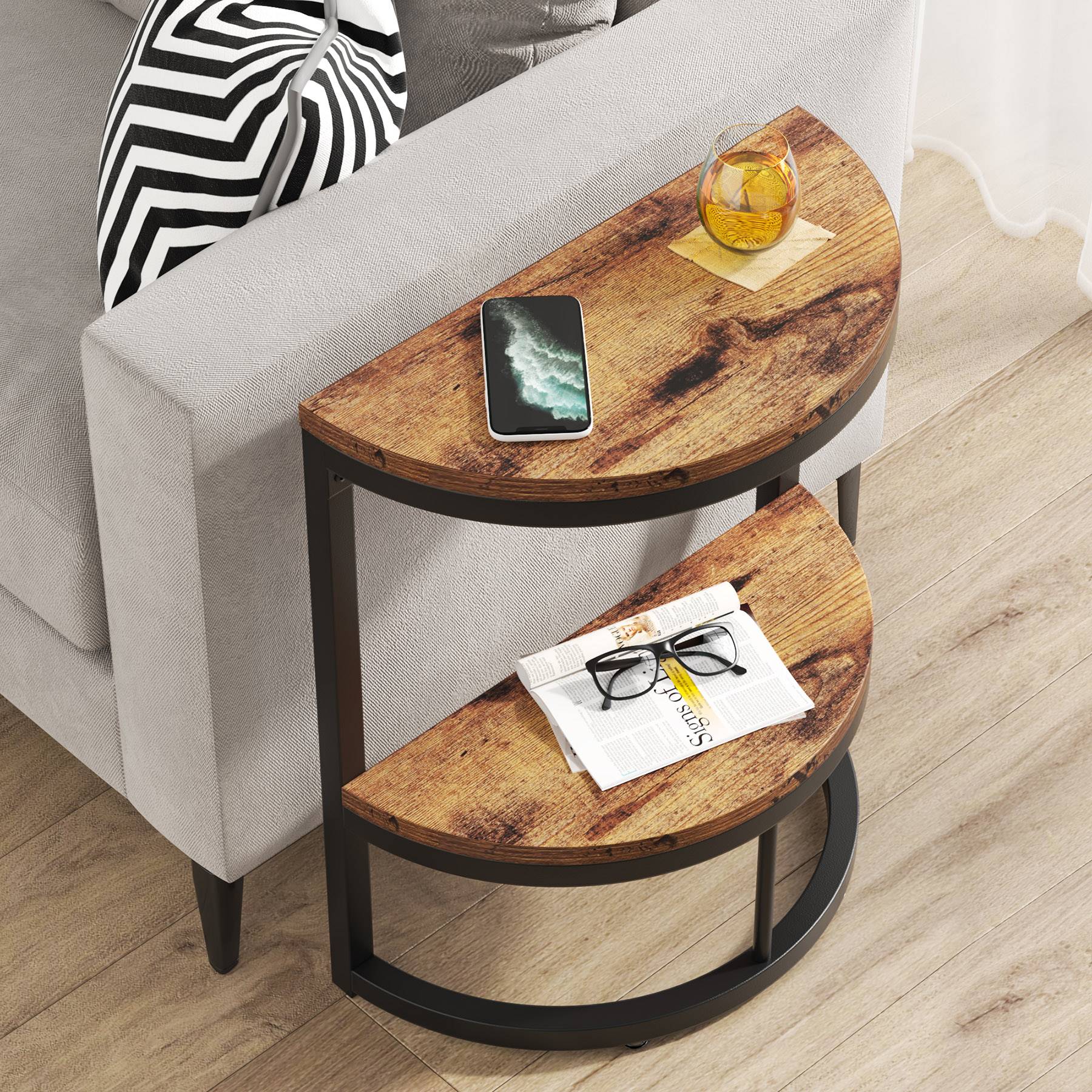 Half Round End Table Narrow Side Table with Metal Frame Rustic Black 2 Tier