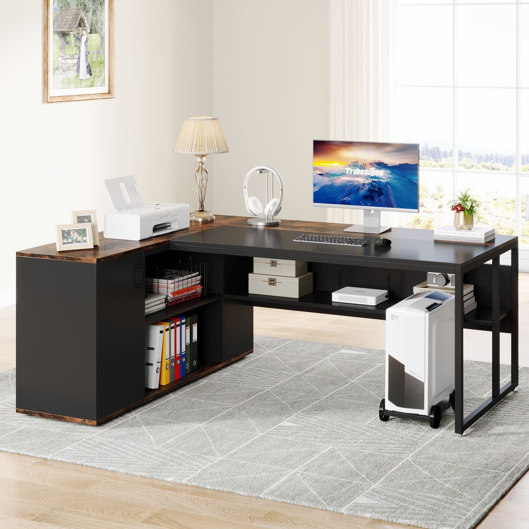 Tribesigns 71'' L-Shaped Executive Desk with Shelves & File Cabinet