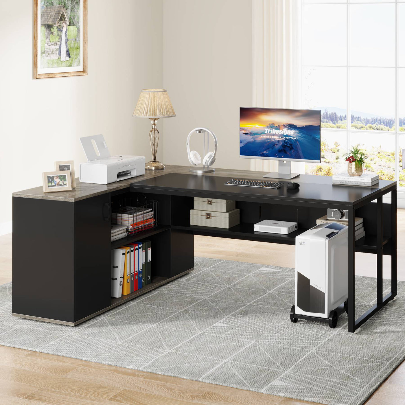 Tribesigns 71'' L-Shaped Executive Desk with Shelves & File Cabinet