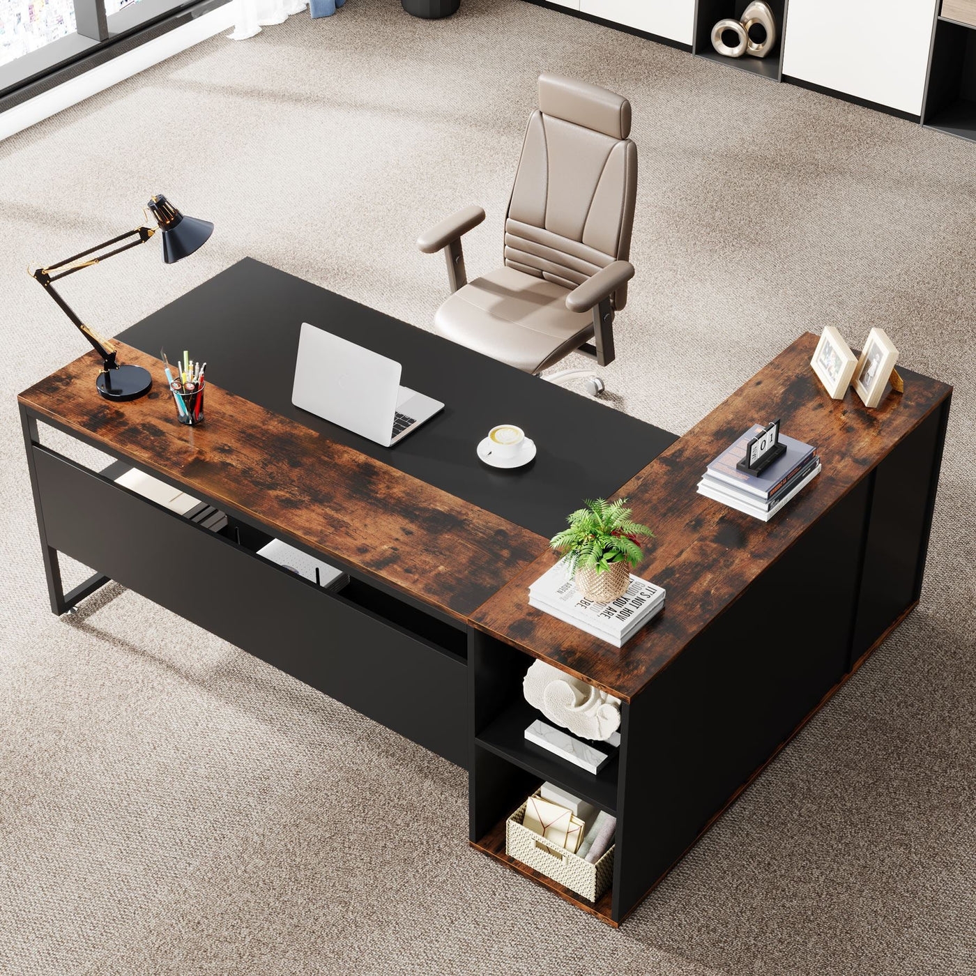 Tribesigns 71'' L-Shaped Executive Desk with Shelves & File Cabinet