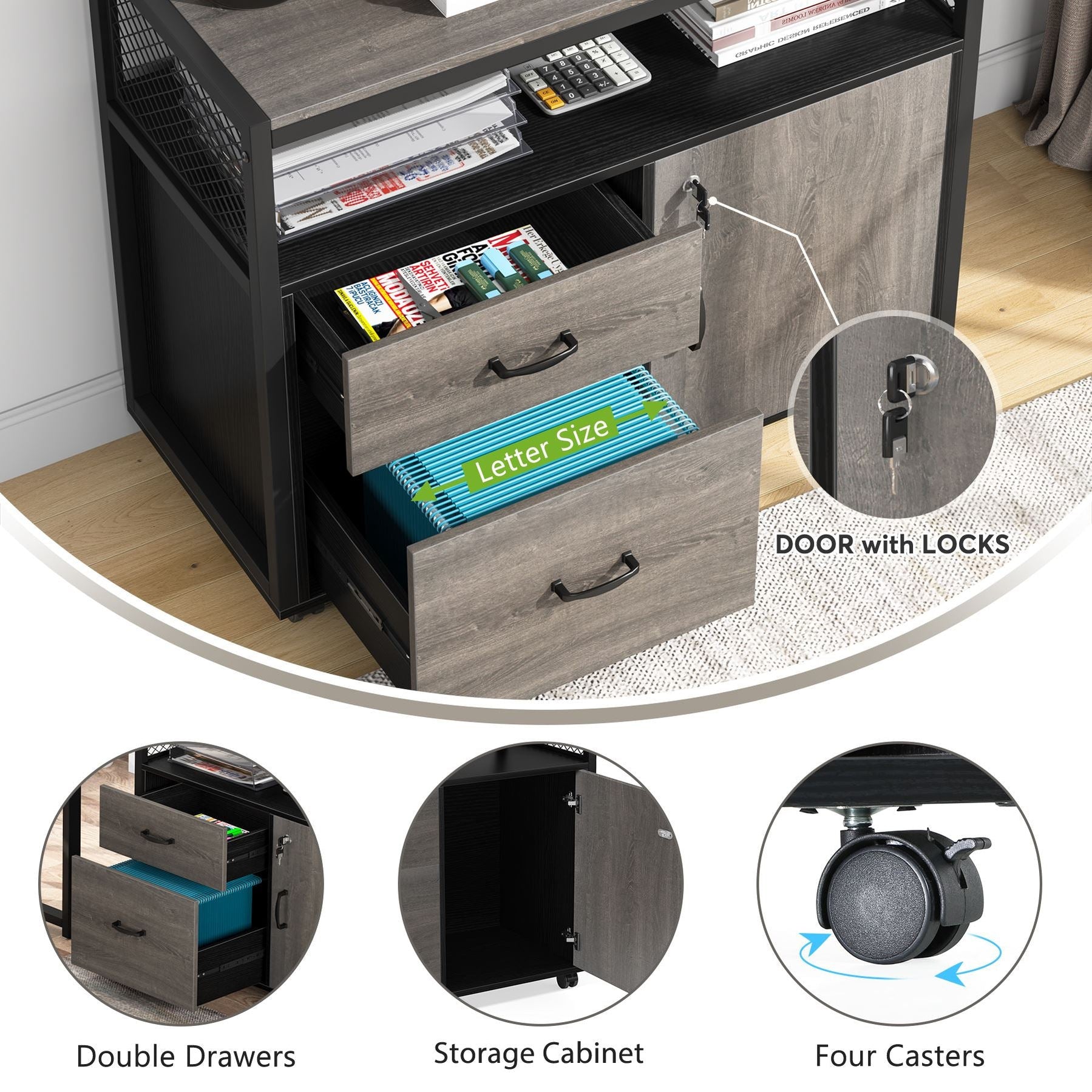 Tribesigns Lockable File Cabinet Printer Stand with Drawers & Caster