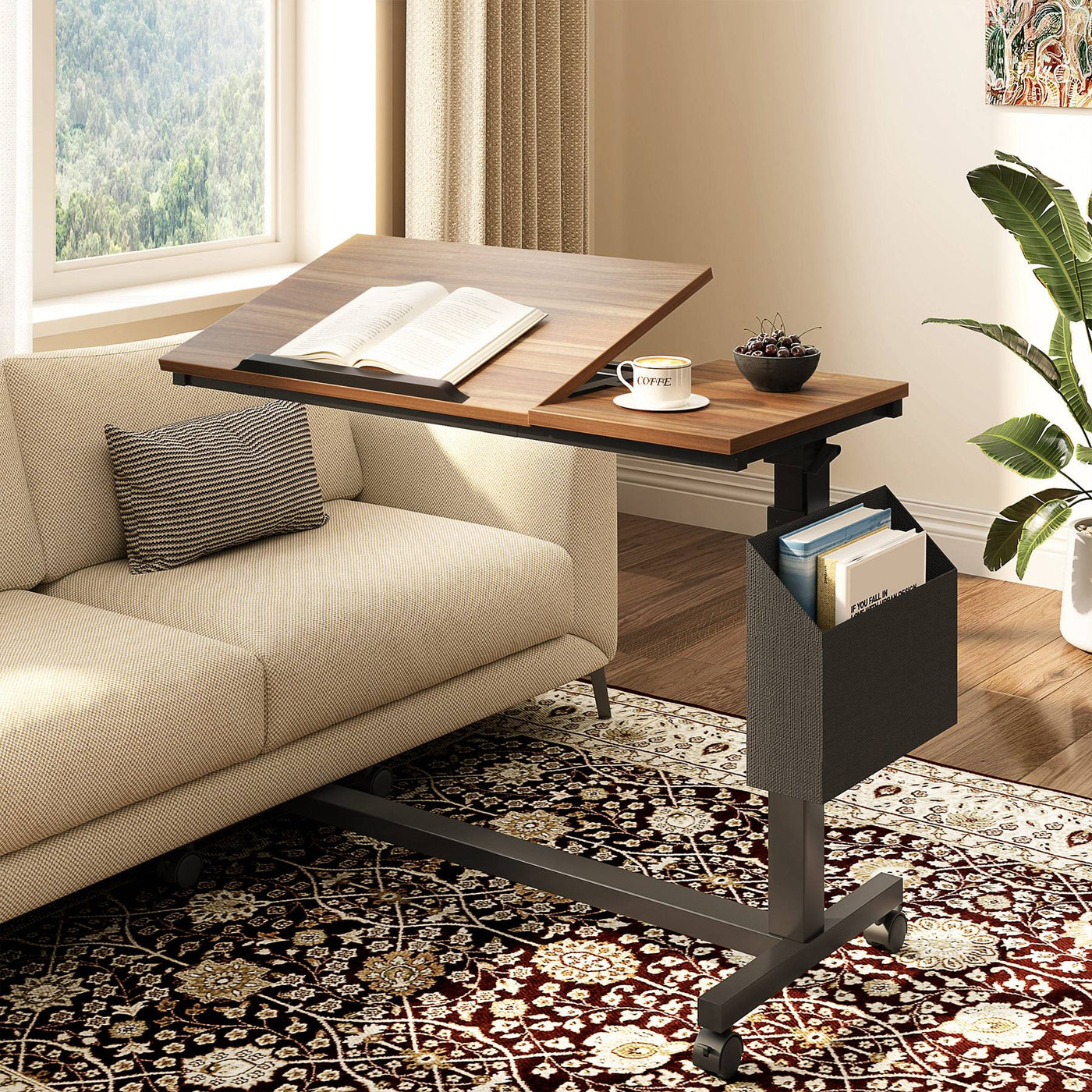 Tribesigns C Table, Height Adjustable Sofa End Table with Wheels
