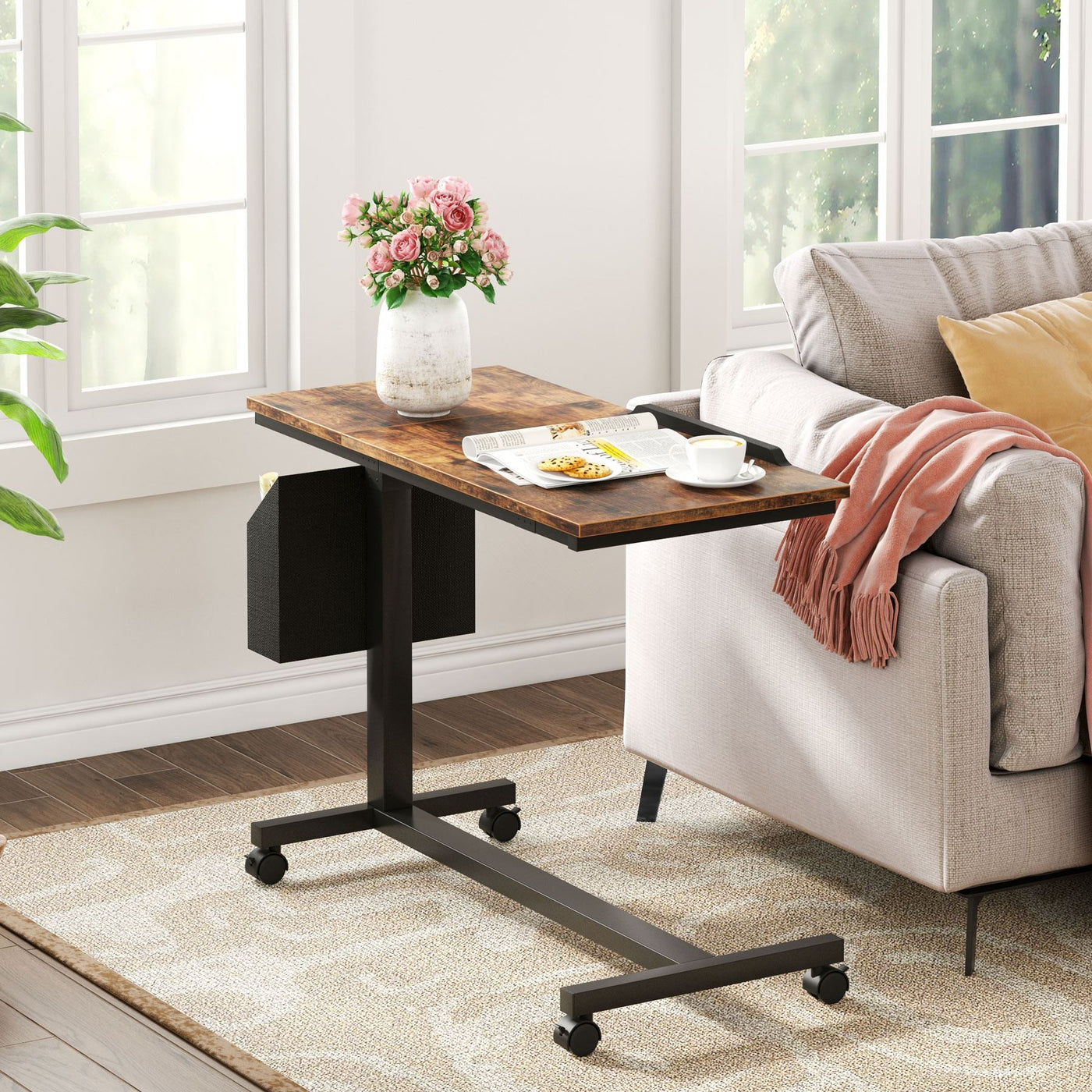 Tribesigns C Table, Height Adjustable Sofa End Table with Wheels