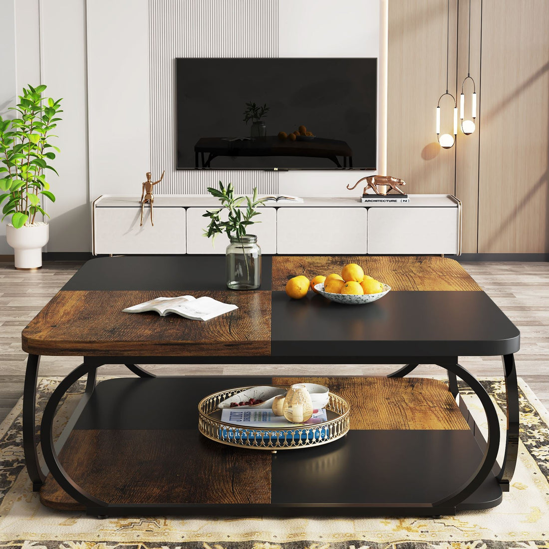Tribesigns Coffee Table, 39" Square Cocktail Table with 2-Tier Shelves ...