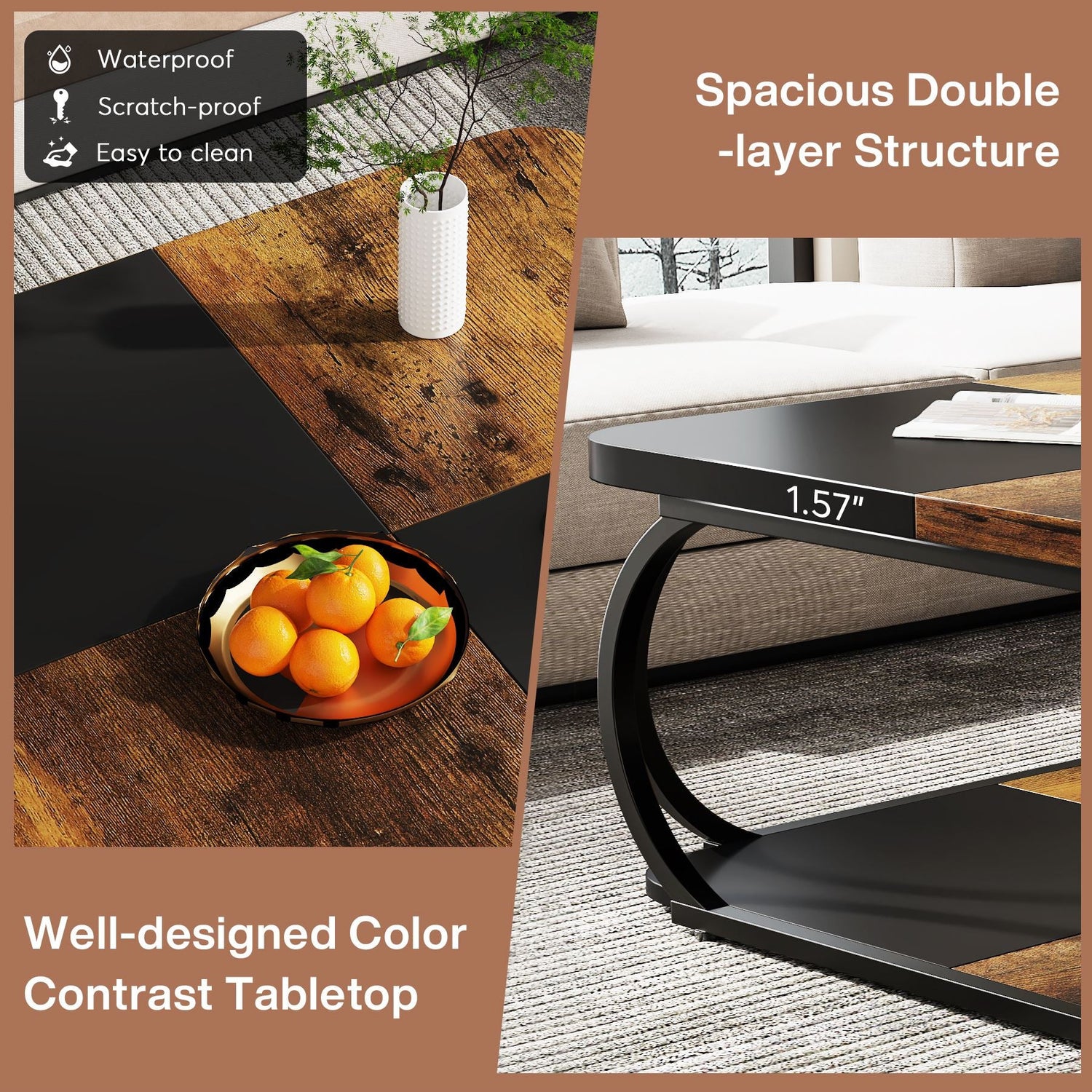 Tribesigns Coffee Table, 39" Square Cocktail Table with 2-Tier Shelves ...