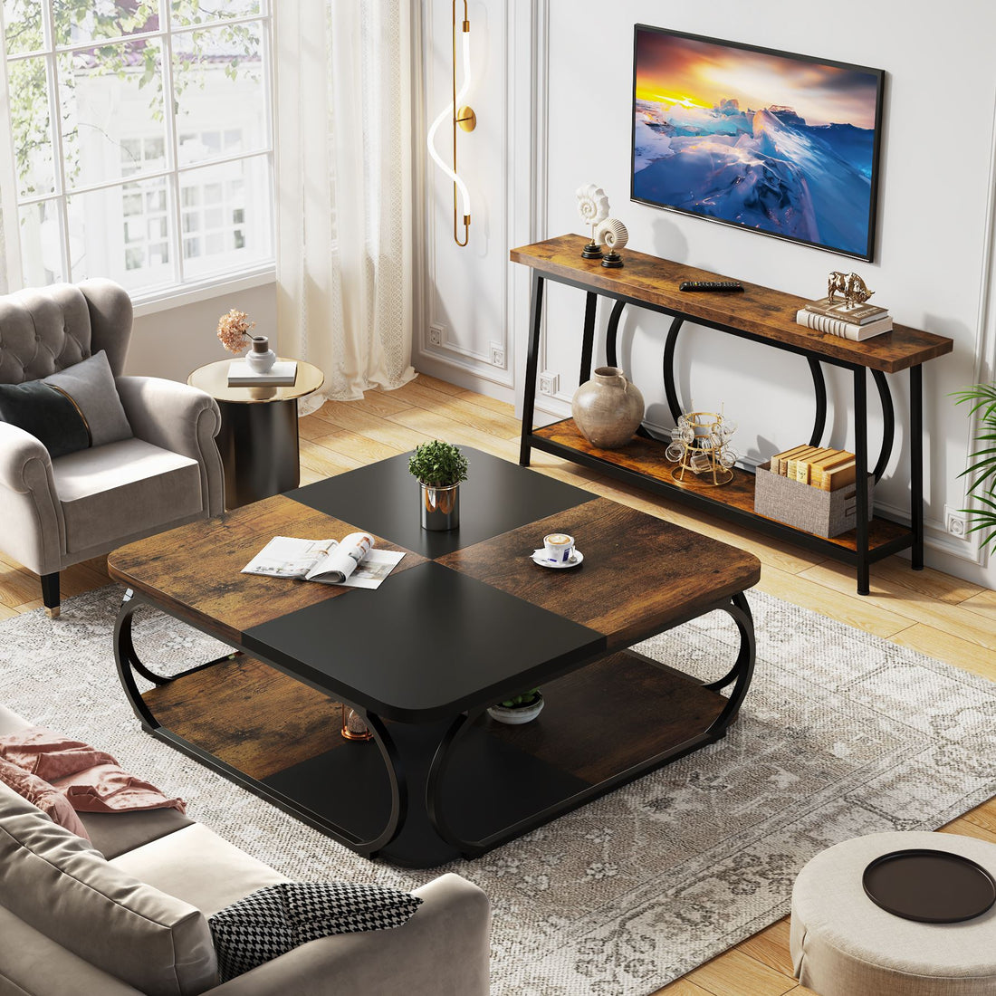 Tribesigns Coffee Table, 39" Square Cocktail Table with 2-Tier Shelves ...