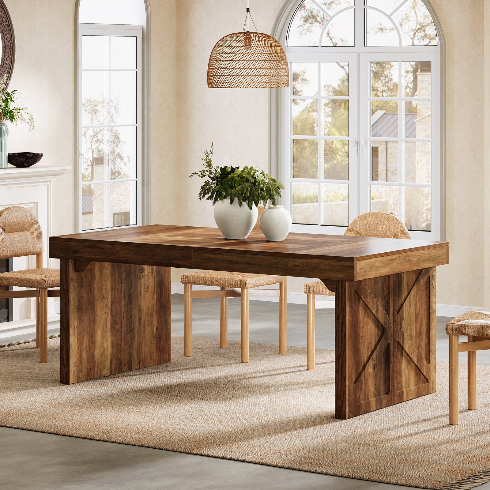 Tribesigns Wood Dining Table, 63" Rustic Rectangular Kitchen Table ...