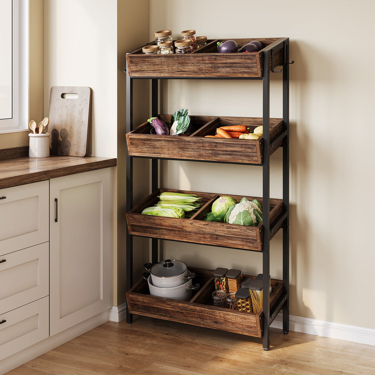 Fruit and Vegetable Storage Rack, 4-Tier Wooden Stand-Tribesigns