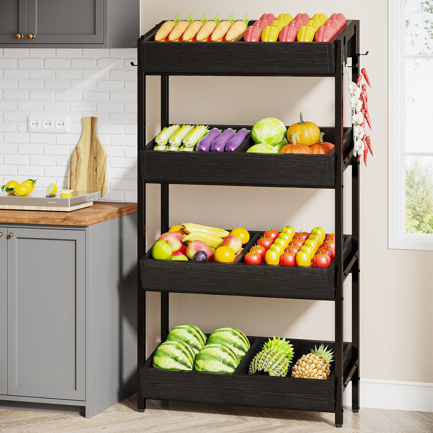 Tribesigns Wood Fruit Vegetable Storage Rack, 4-Tier Storage Organizer