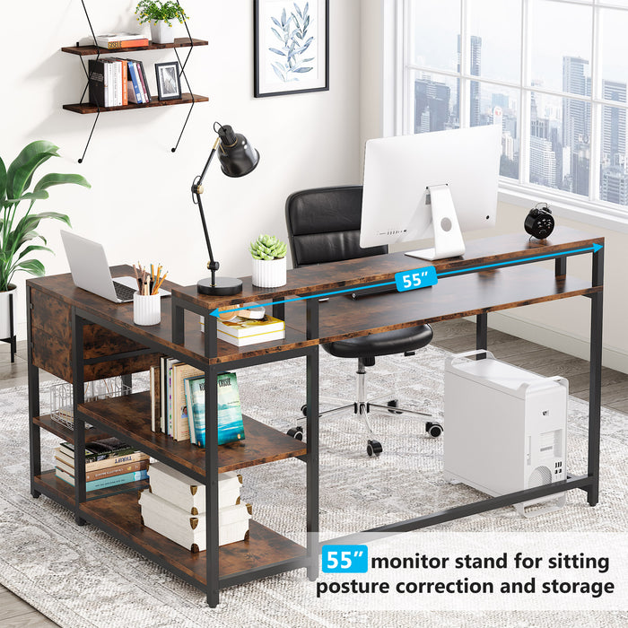Industrial Metal Desk with Drawer, Corner Desk and Shelves-Tribesigns