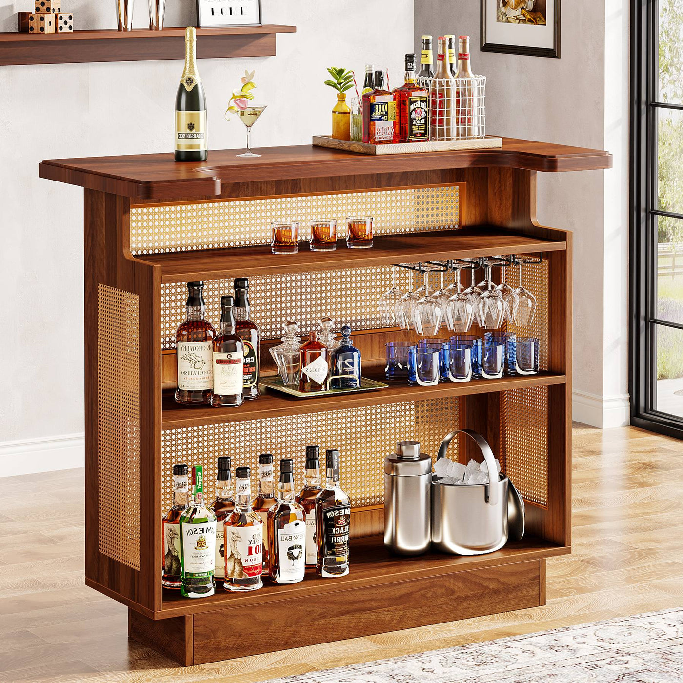 Tribesigns 4-Tier Rattan Home Bar Unit Bar Cabinet with Stemware Racks