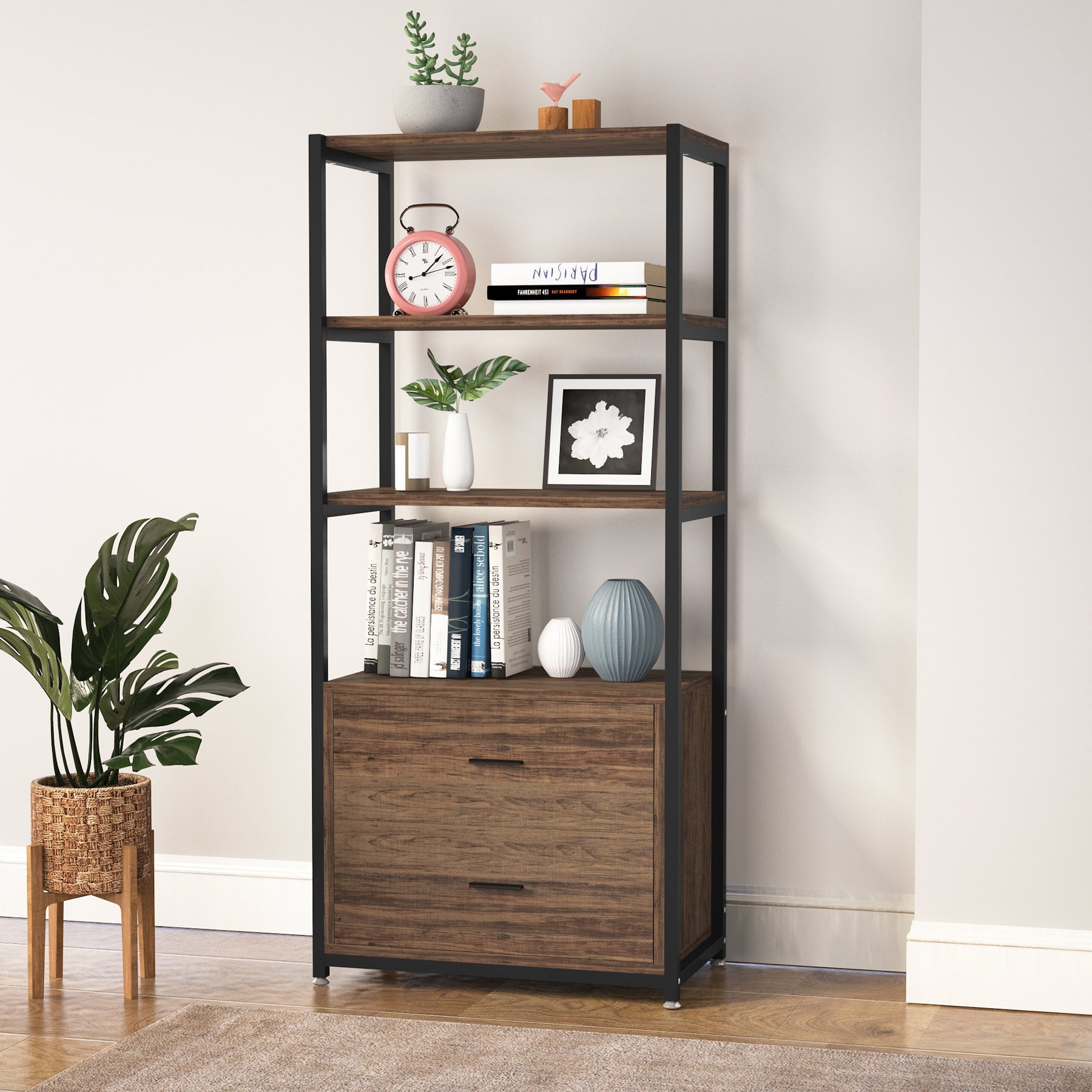 Tribesigns Bookshelf, Rustic Etagere Bookcase with Drawers & Shelves ...