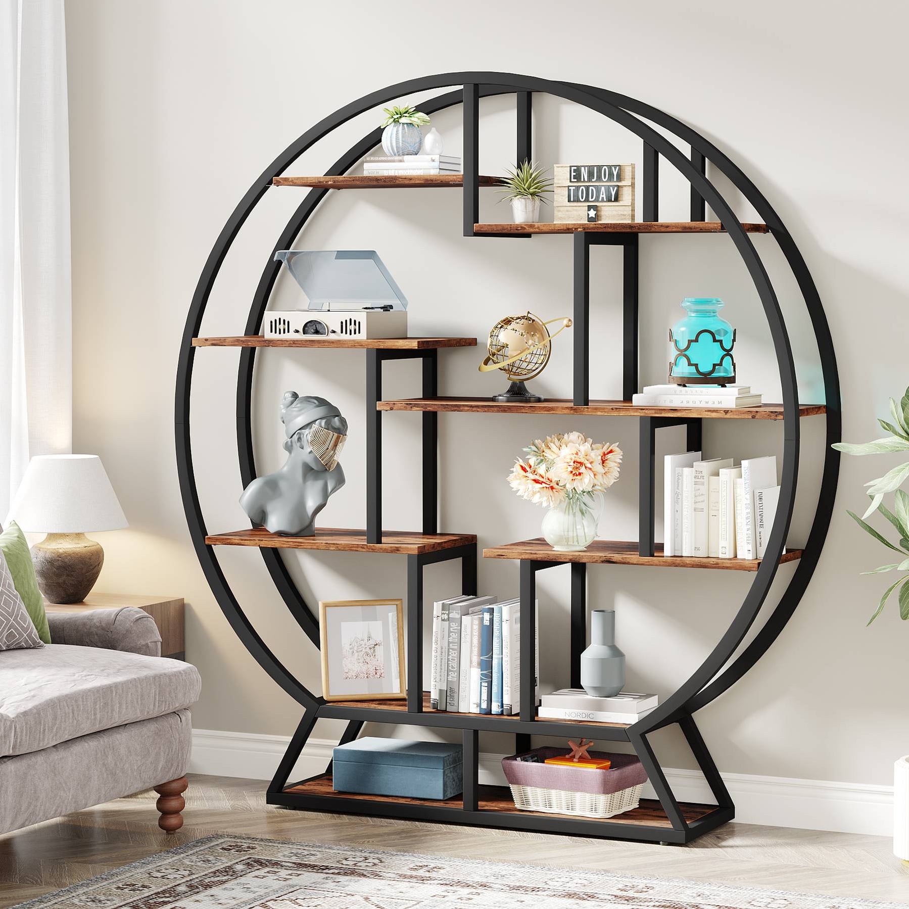 Tribesigns 63" Round Bookshelf Etagere Bookcase with Staggered Shelves