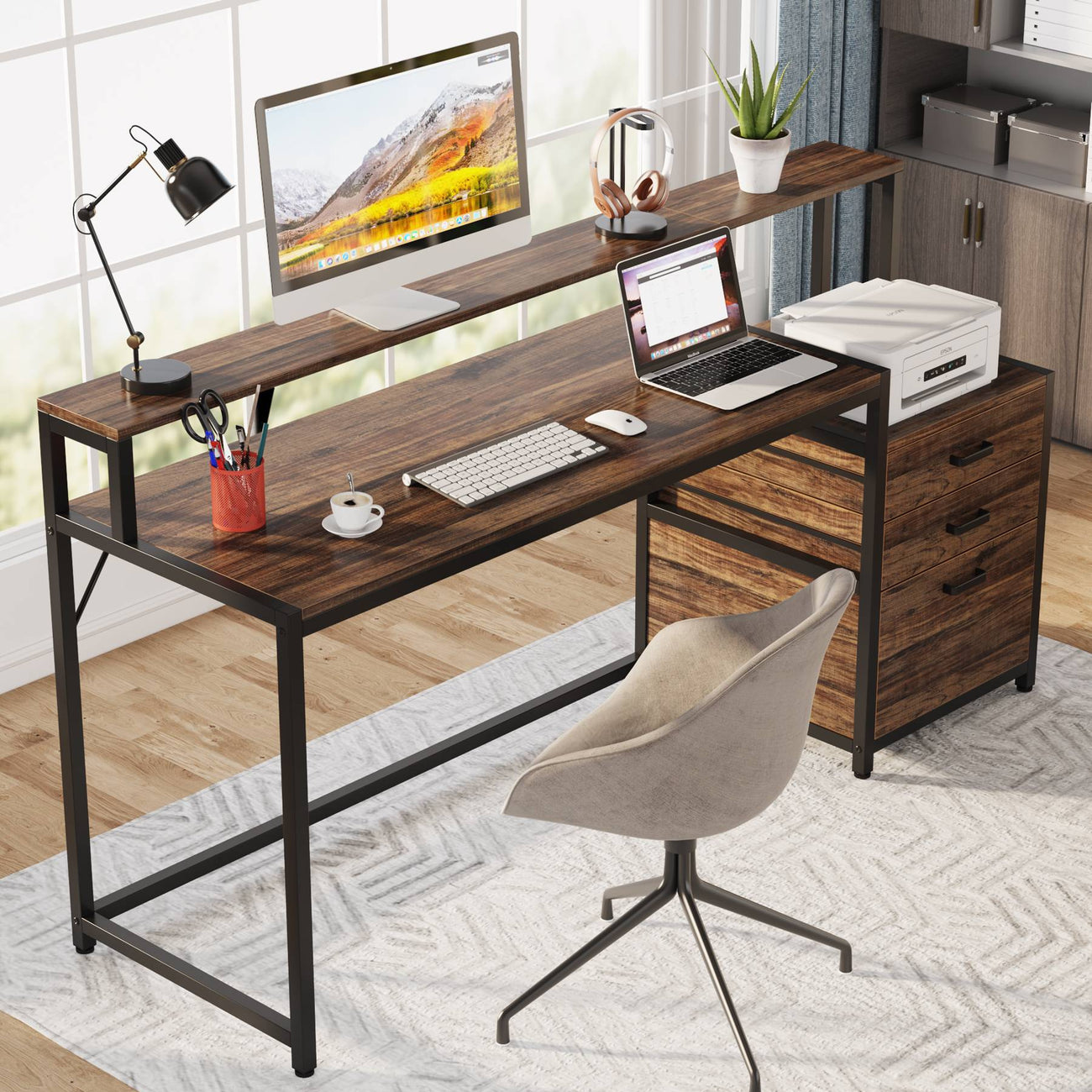 63" Desk with Monitor Stand & Drawers, Ergonomic Office Desk-Tribesigns
