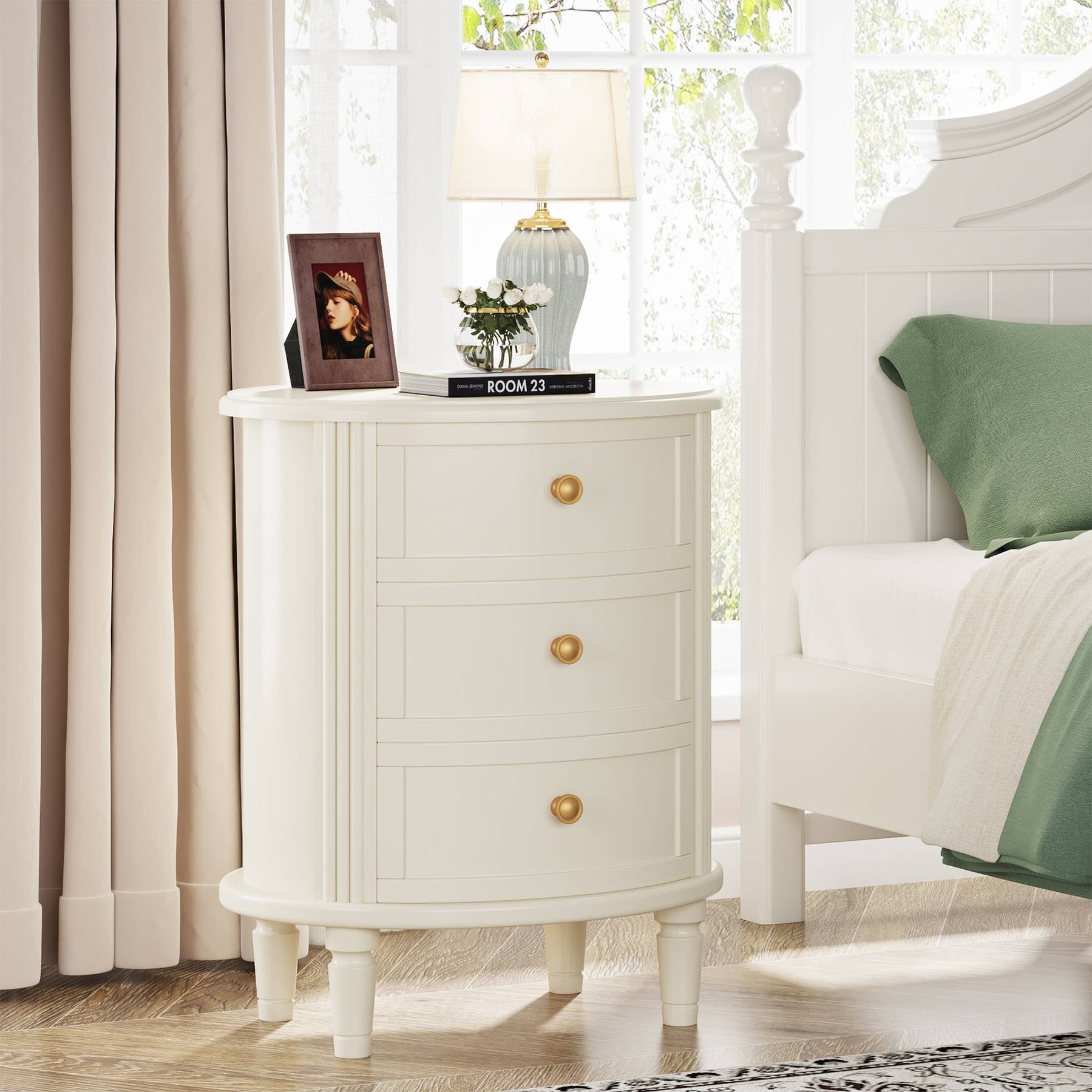 Tribesigns Nightstand, Off-White Bedside Table with 3 Drawers