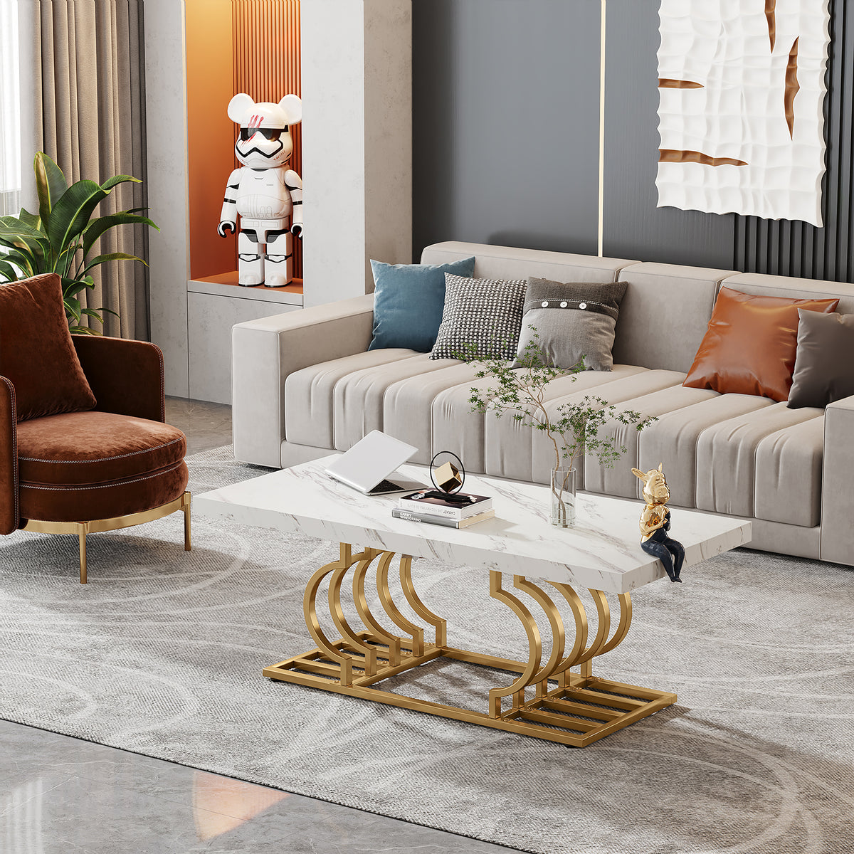 Tribesigns Coffee Table, Modern 47" Faux Marble Cocktail Table-Tribesigns