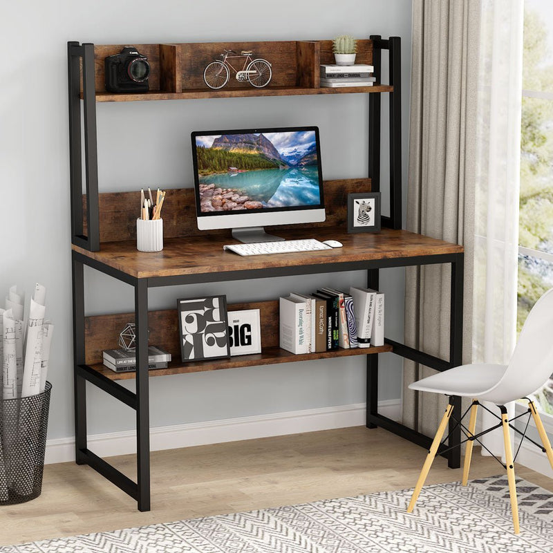 55" PC Desk With Hutch, Tall Desk With Shelves-Tribesigns