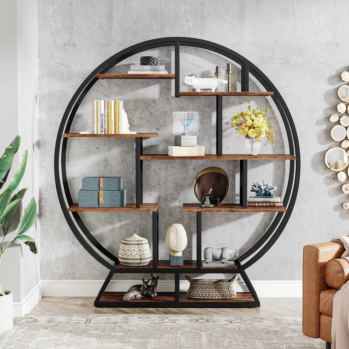 Tribesigns 63" Round Bookshelf Etagere Bookcase with Staggered Shelves