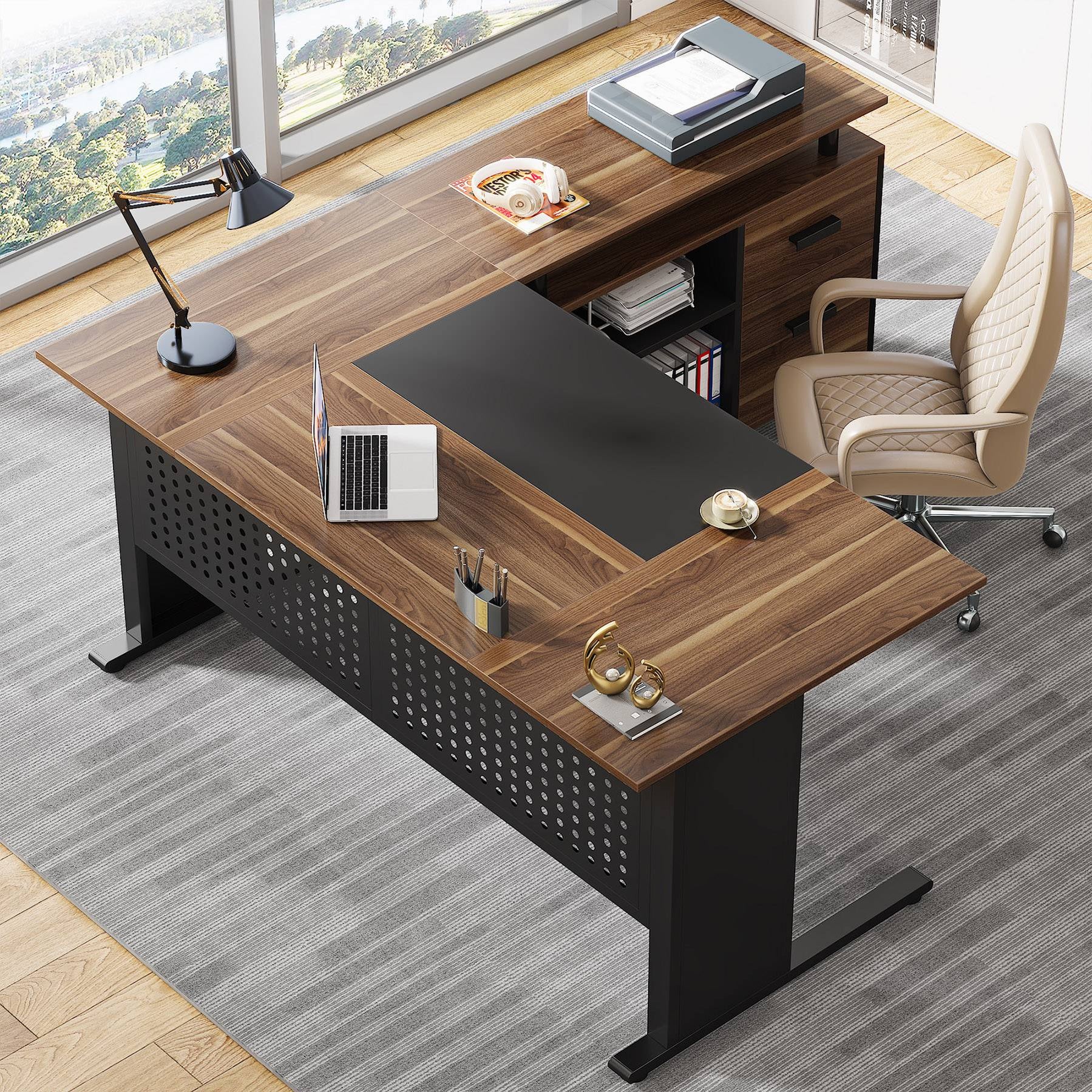 Tribesigns L-Shaped Desk 63" Computer Executive Desk with File Cabinet