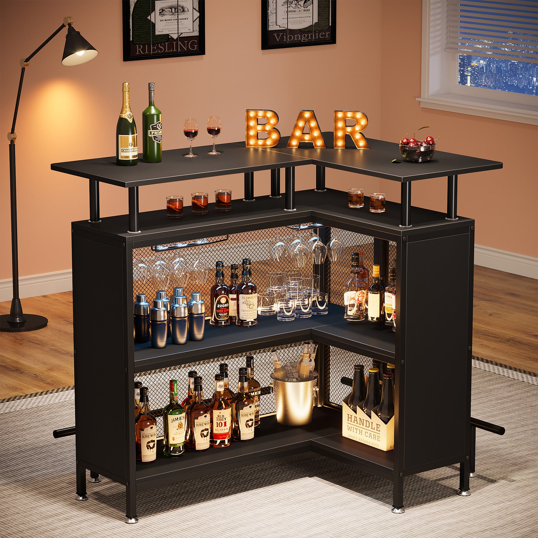 Tribesigns L-Shaped Home Bar Unit with Glasses Holders & Shelves