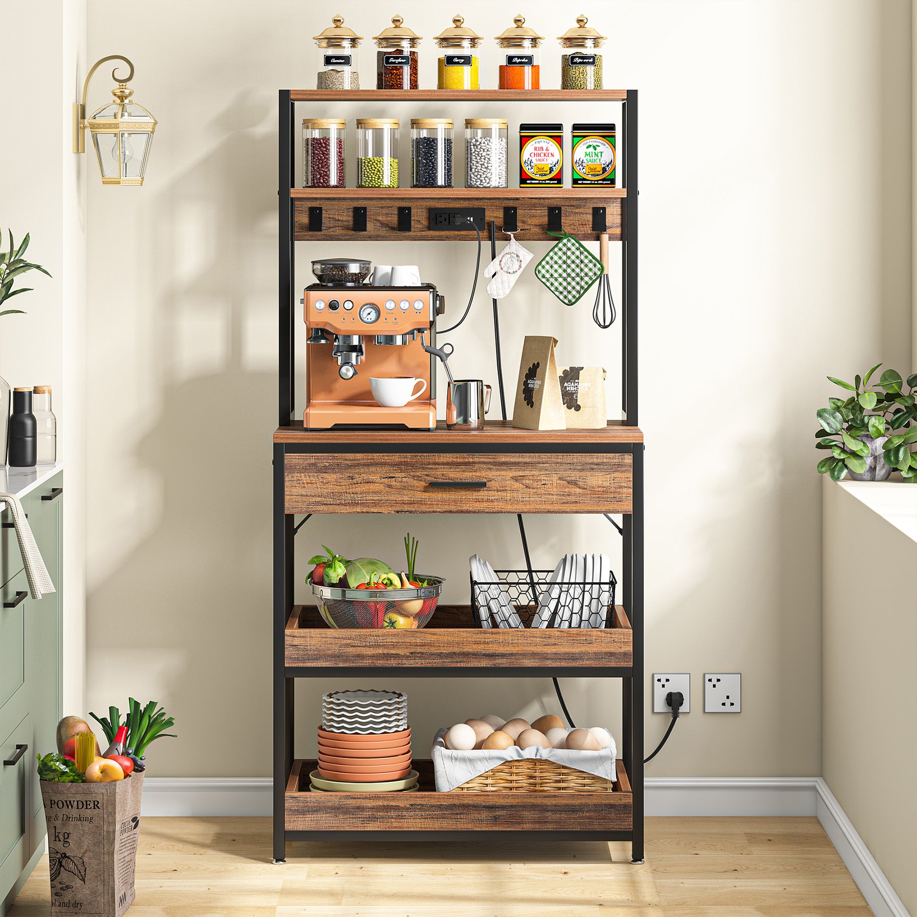Tribesigns 5-Tier Kitchen Baker's Rack with Power Outlets & Drawer