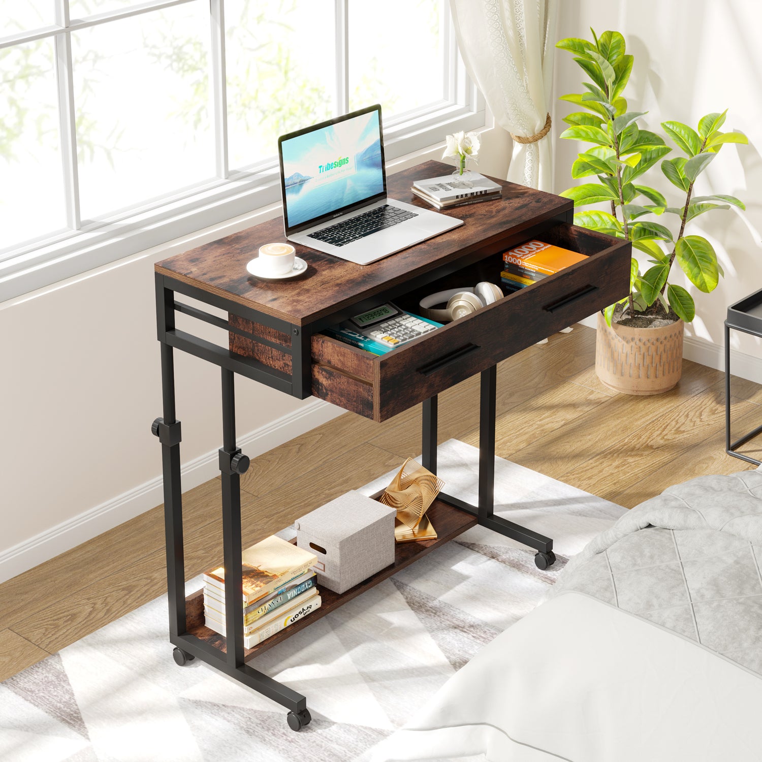 Height Adjustable Desk with Drawers, Table on Wheels-Tribesigns