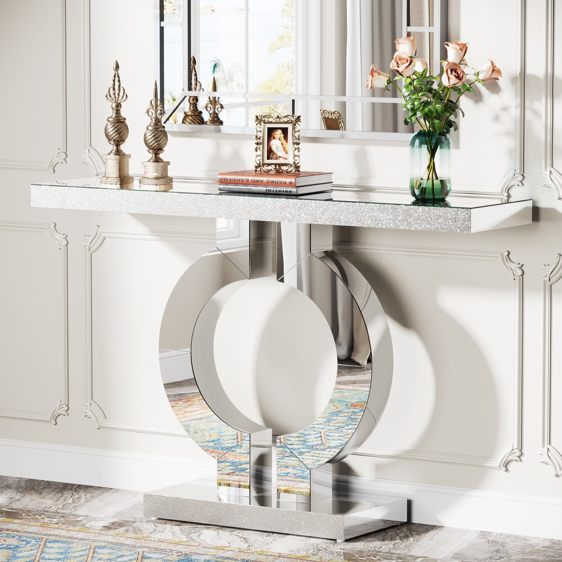 Tribesigns 43" Mirrored Console Table Sofa Table with O-Shaped Base