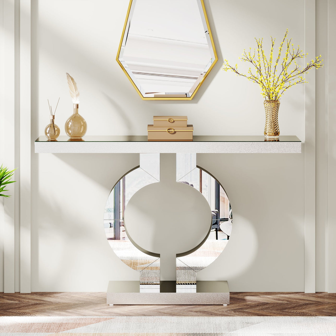 Tribesigns 43" Mirrored Console Table Sofa Table with O-Shaped Base