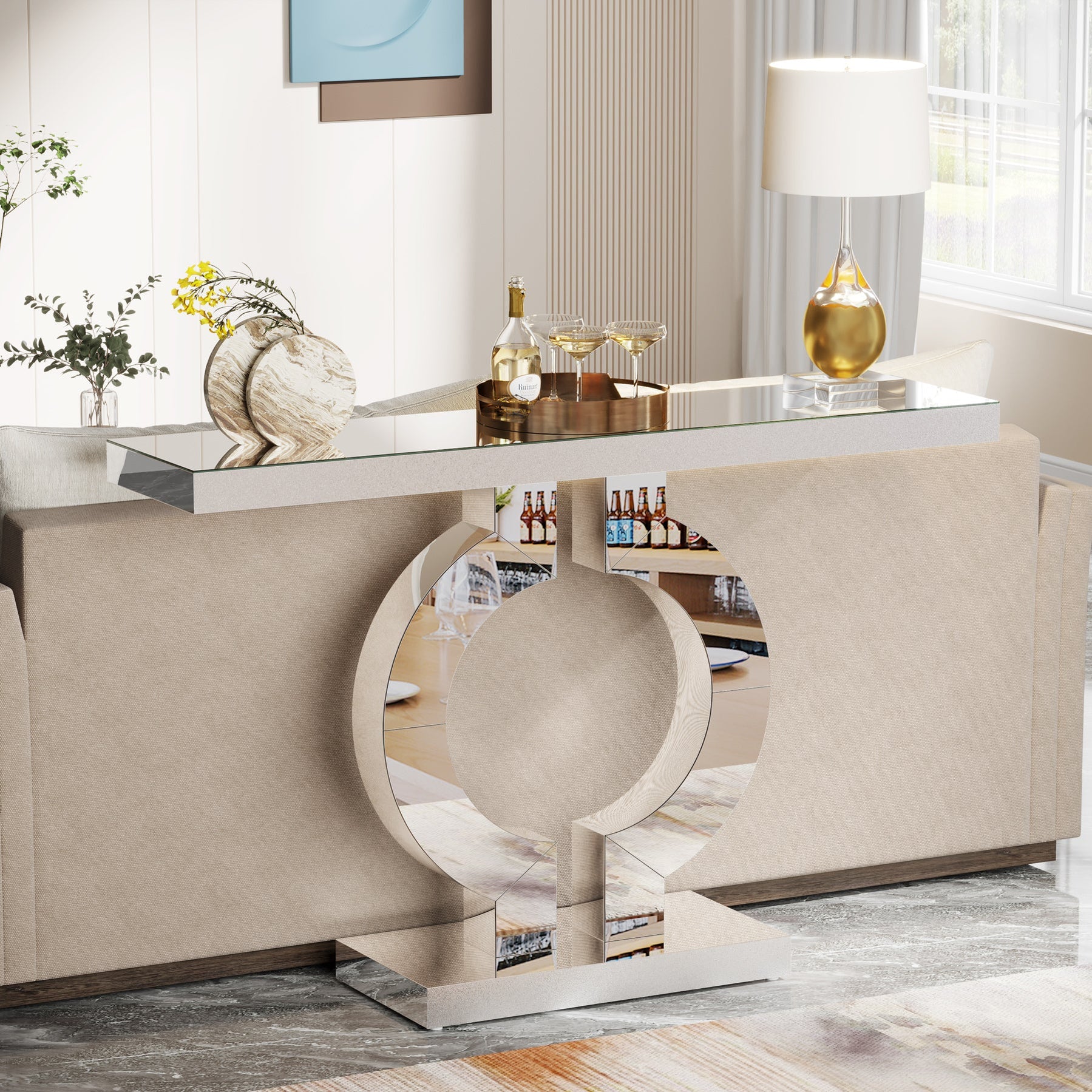 Tribesigns 43" Mirrored Console Table Sofa Table with O-Shaped Base
