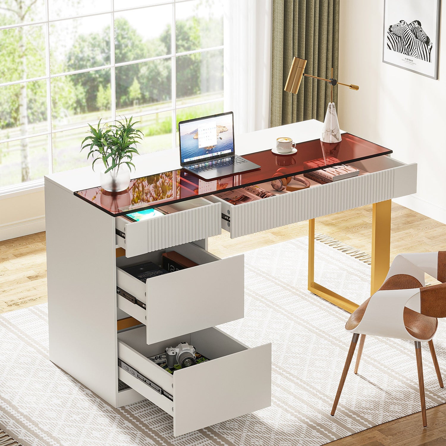 47.24" Computer Desk, Desk With Glass Top and Drawers-Tribesigns