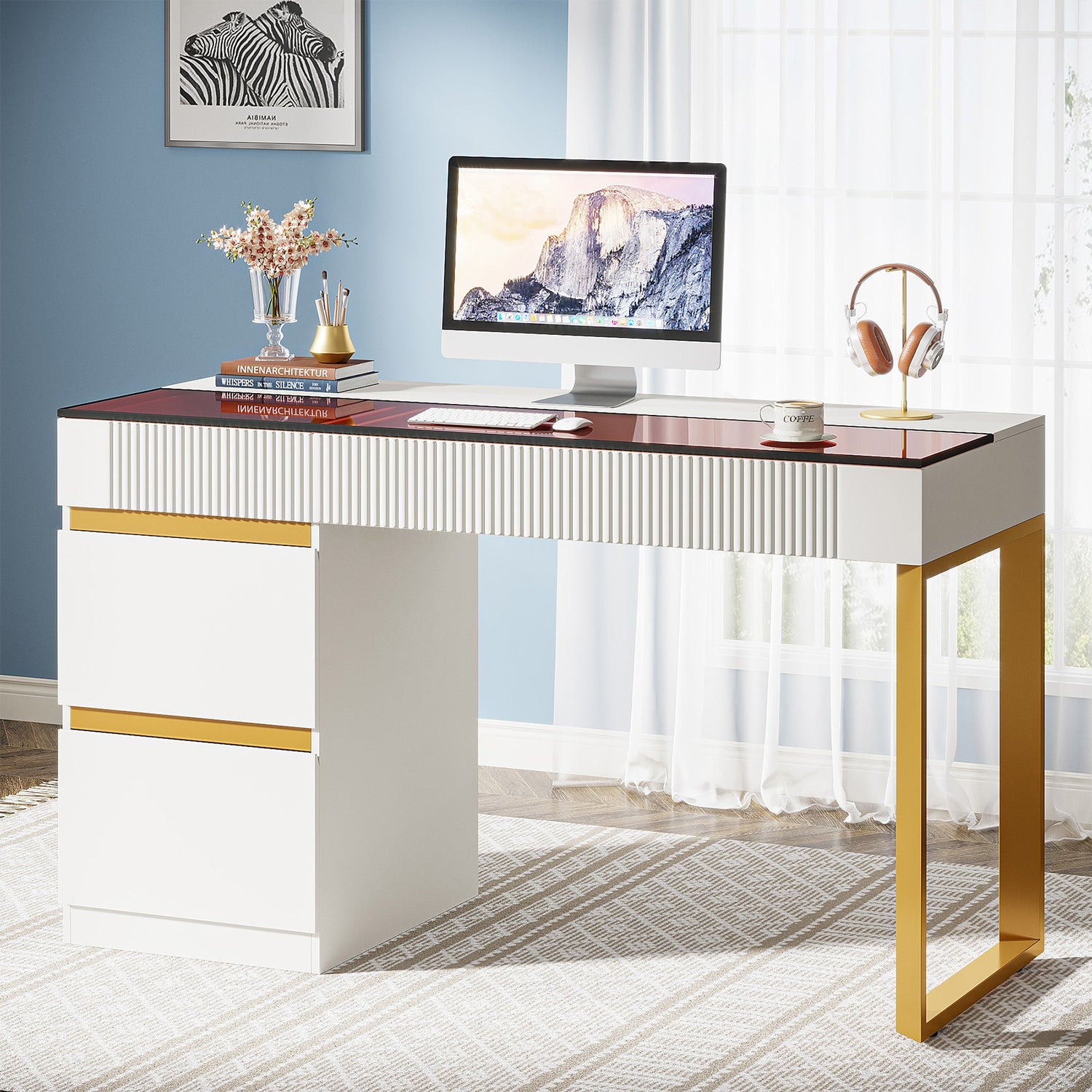 47.24" Computer Desk, Desk With Glass Top and Drawers-Tribesigns