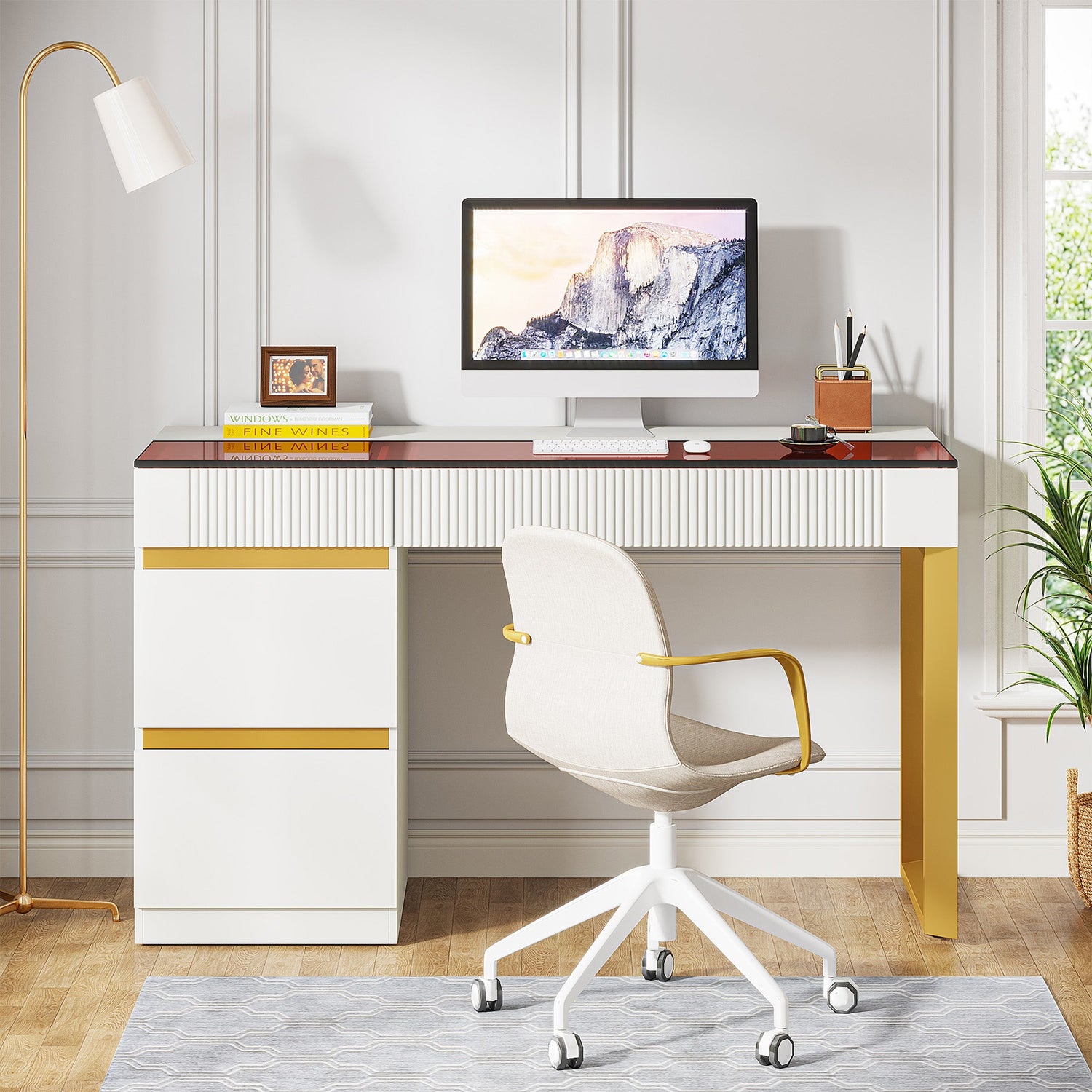 47.24" Computer Desk, Desk With Glass Top and Drawers-Tribesigns