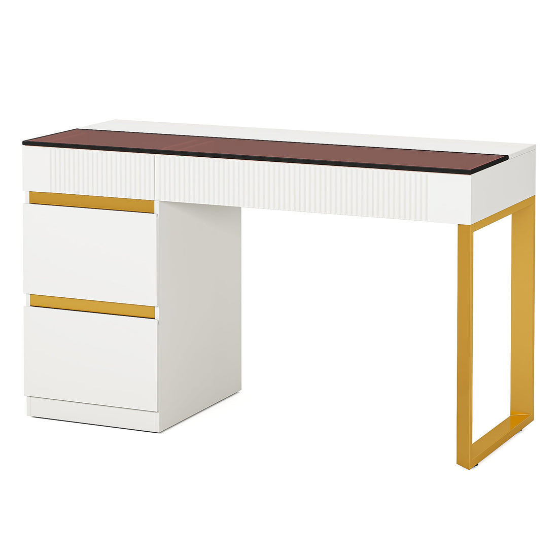 47.24" Computer Desk, Desk With Glass Top and Drawers-Tribesigns