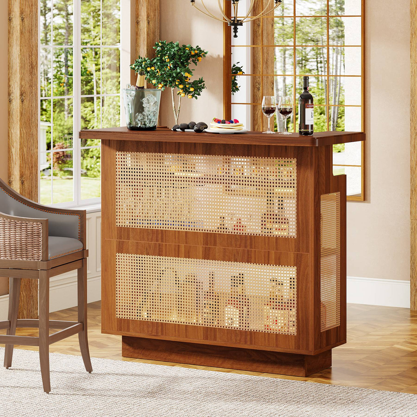 Tribesigns 4-Tier Rattan Home Bar Unit Bar Cabinet with Stemware Racks
