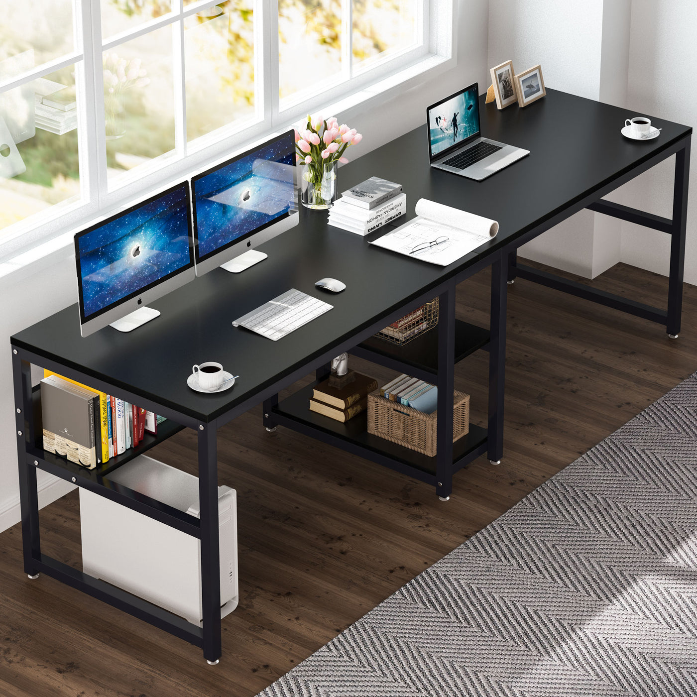 Tribesigns 78.7'' Double Workstation Desk with Storage Shelves