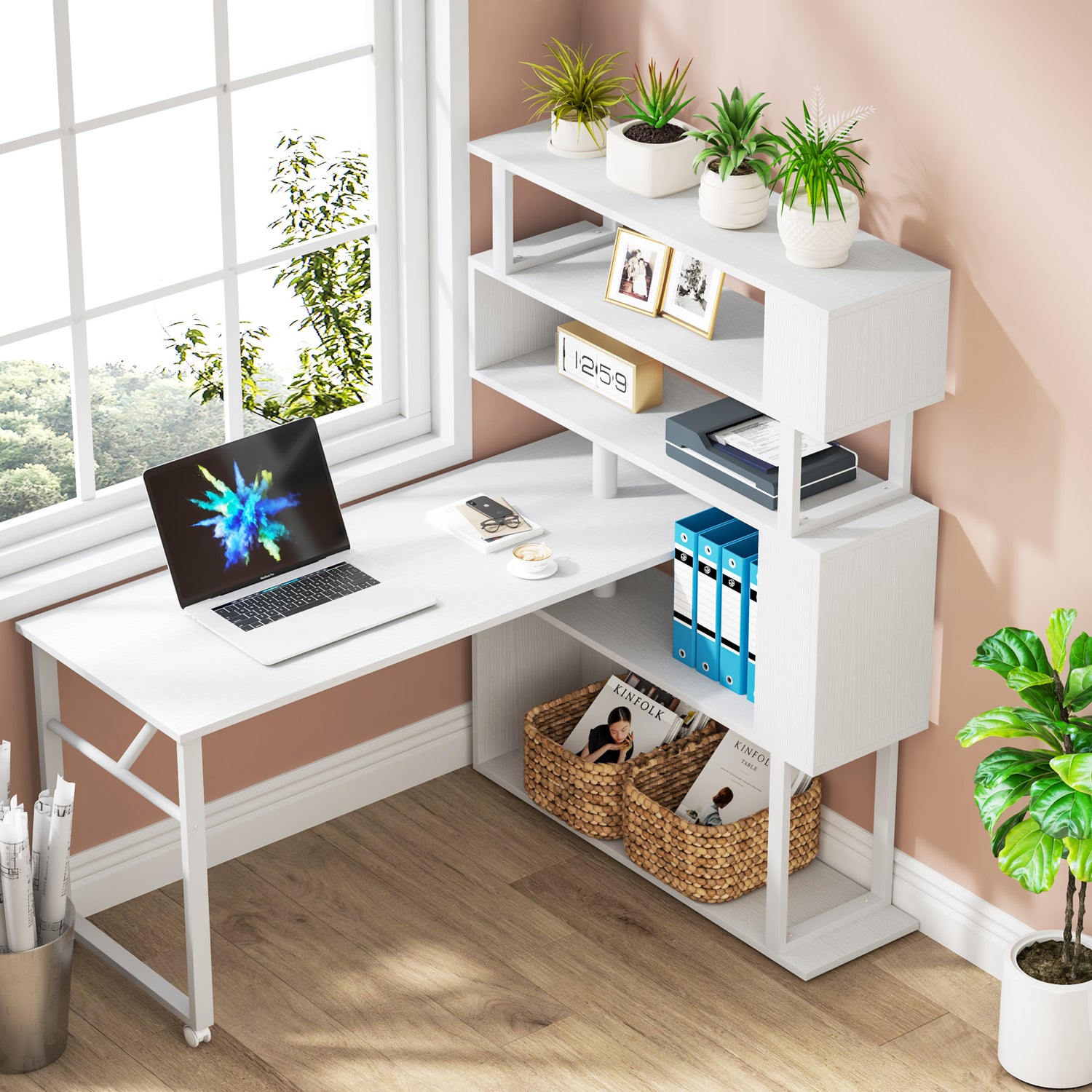Tribesigns 47'' Rotating Computer Desk with 5-Tier Bookshelves-Tribesigns