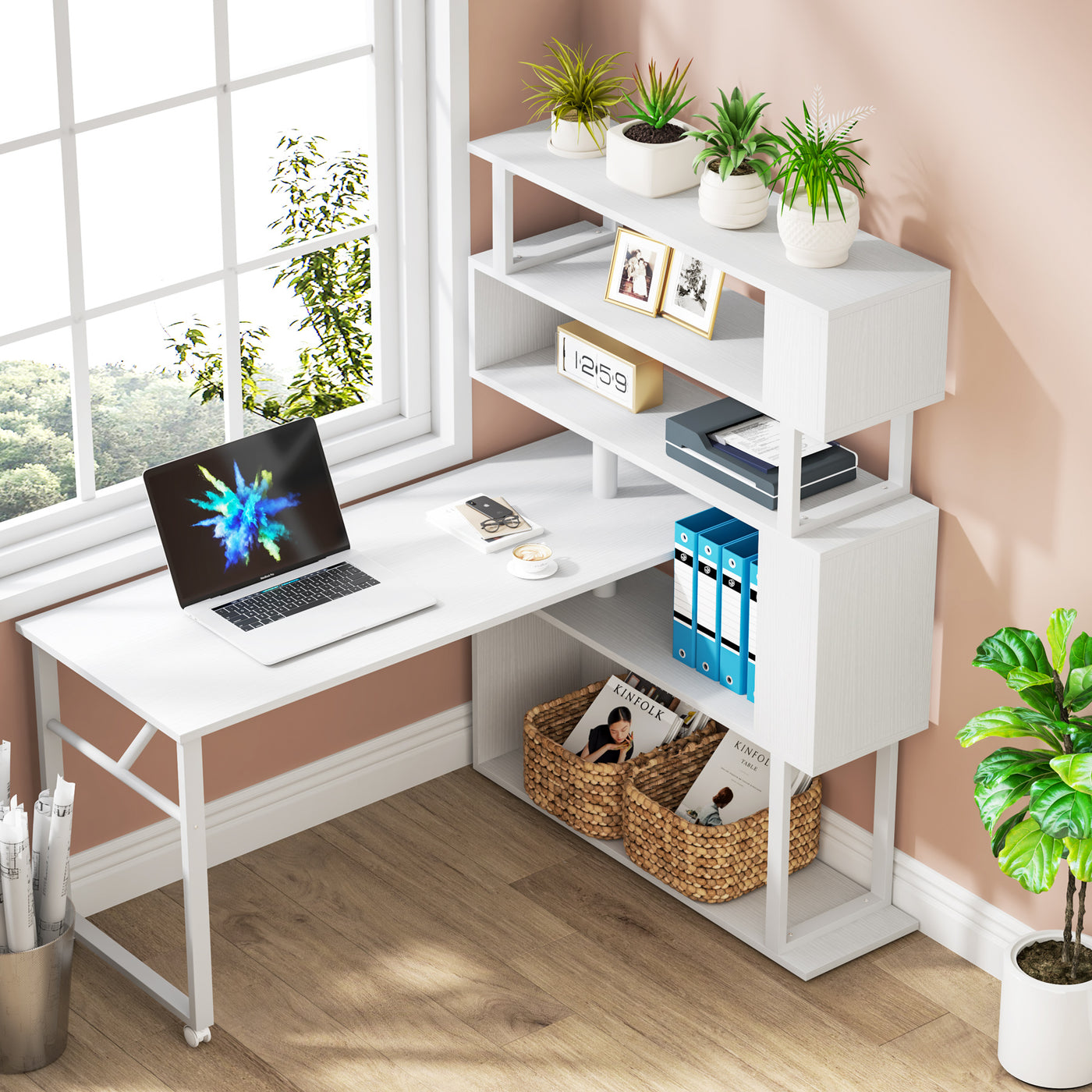 Tribesigns 47'' Rotating Computer Desk with 5-Tier Bookshelves