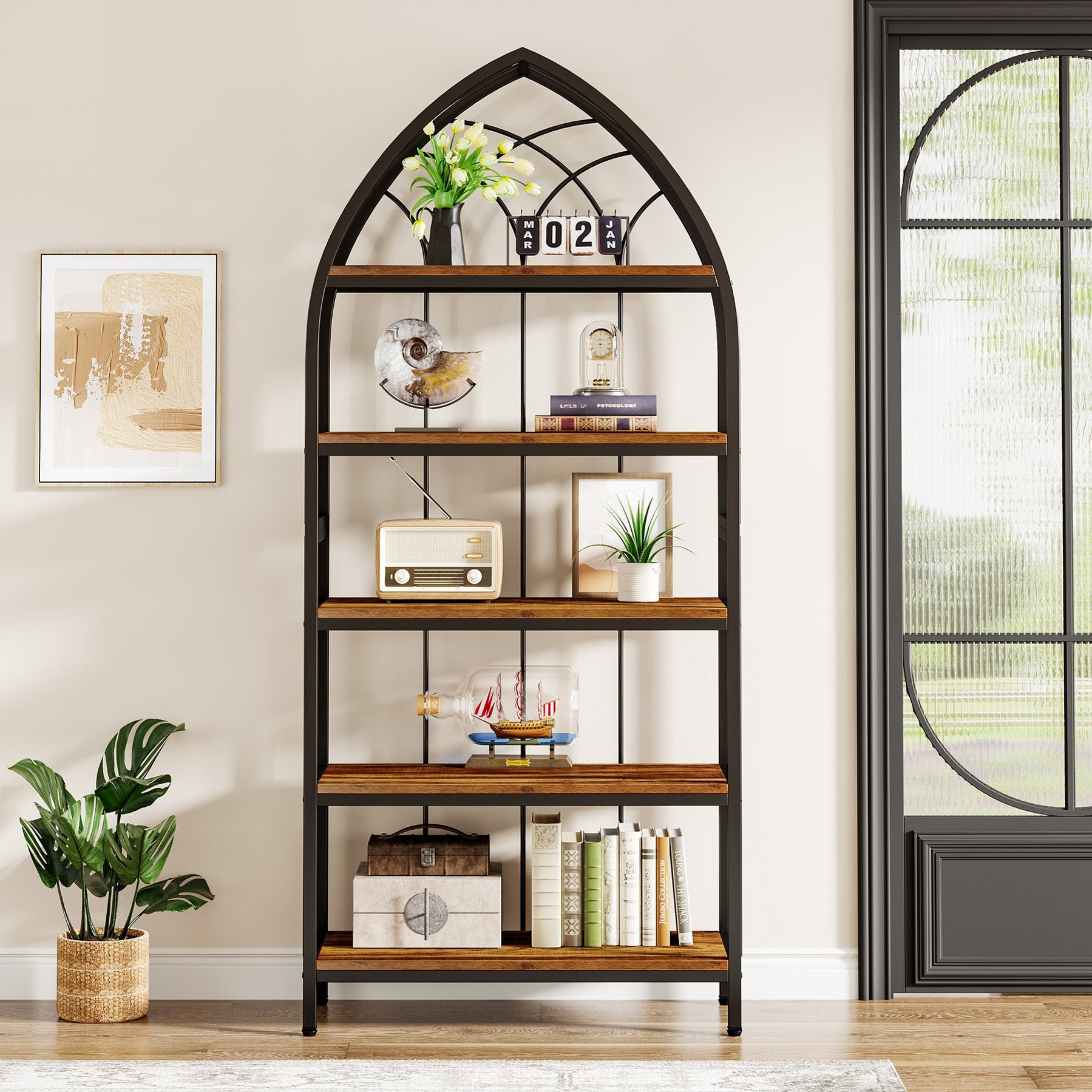 Tribesigns 5-Tier Bookshelf, 74.8" Industrial Curved Etagere Bookcase