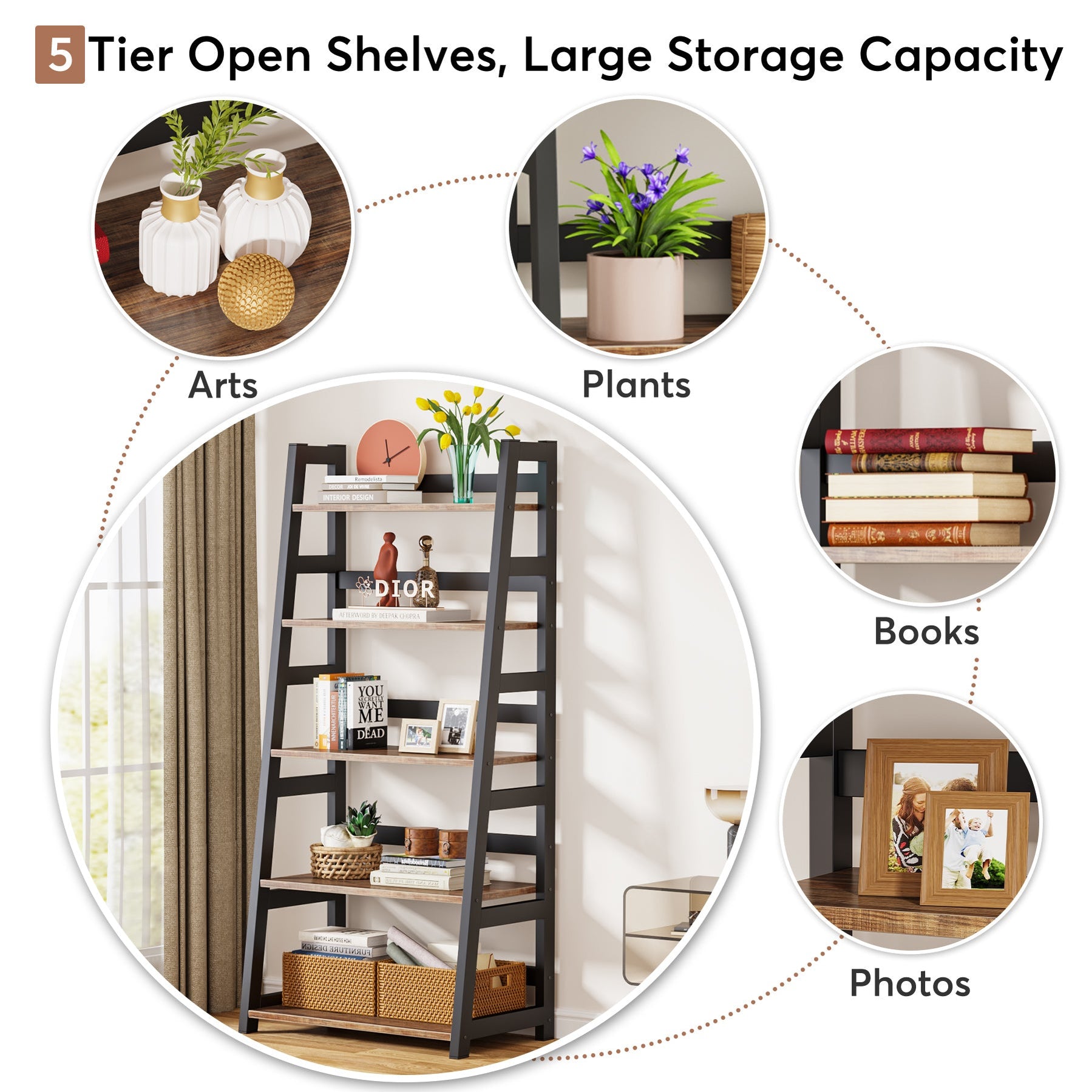 Tribesigns Bookshelf, 5-Tier Ladder Bookcase Etagere Storage Shelf