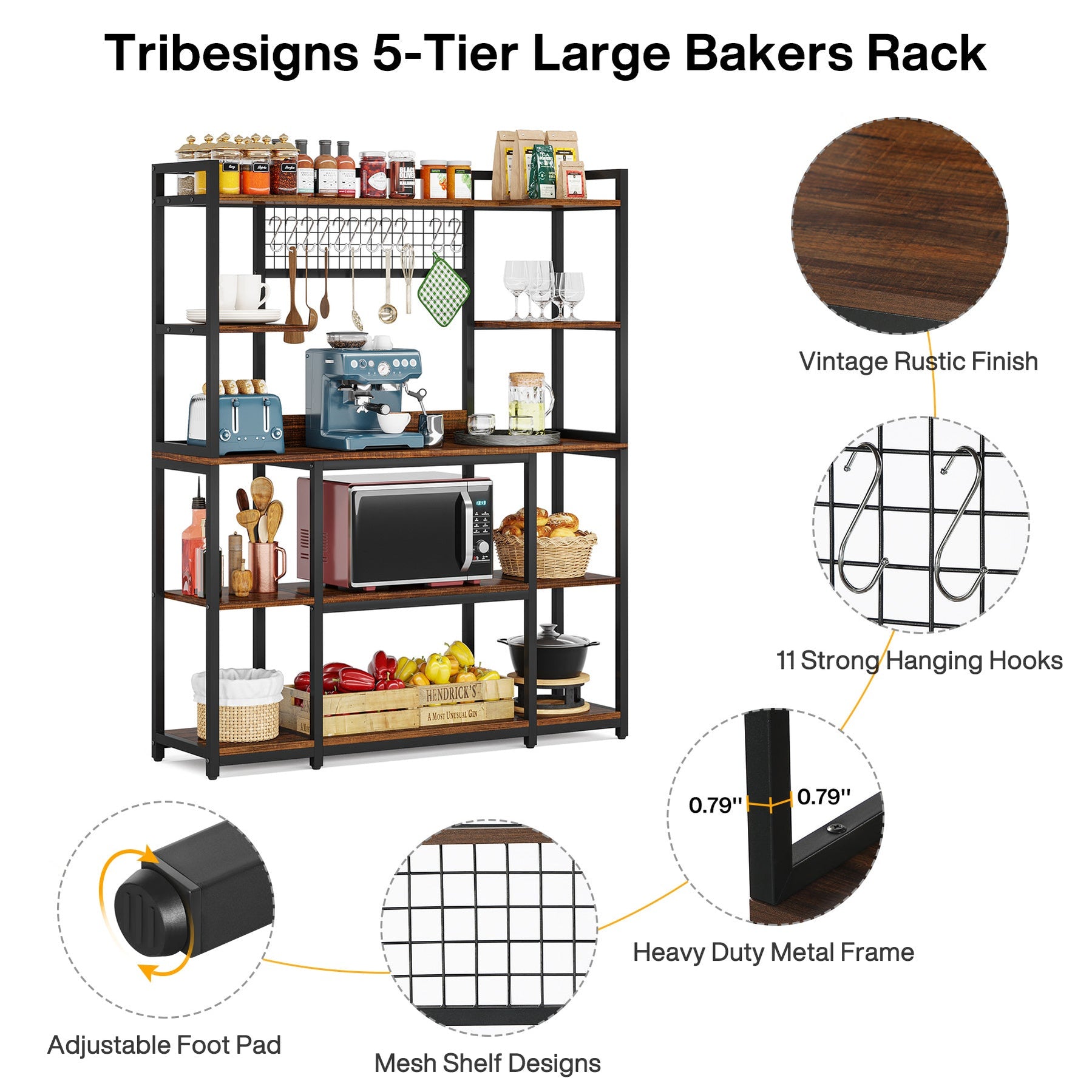 Tribesigns 5-Tier Kitchen Baker's Rack with 11 Hooks & Hutch