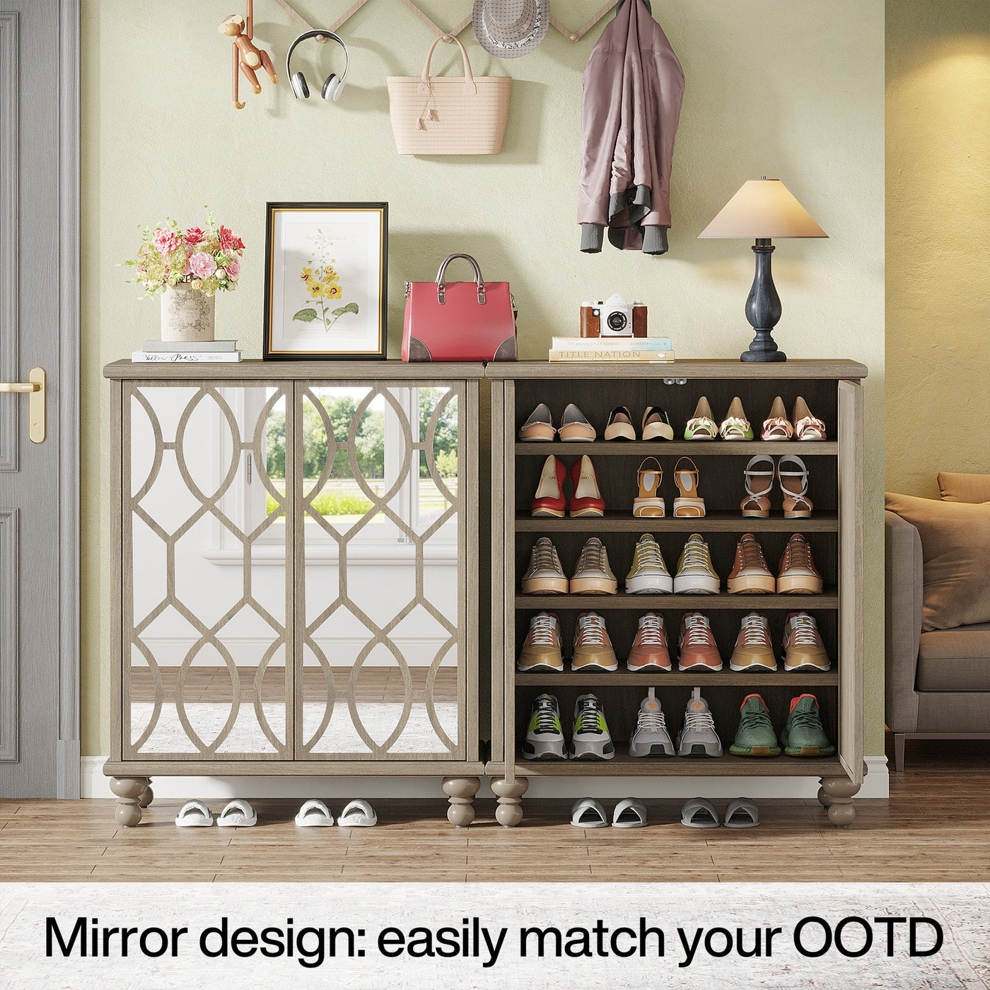 Tribesigns 5-Tier Mirror Shoe Cabinet, Large Shoe Organizer With Doors