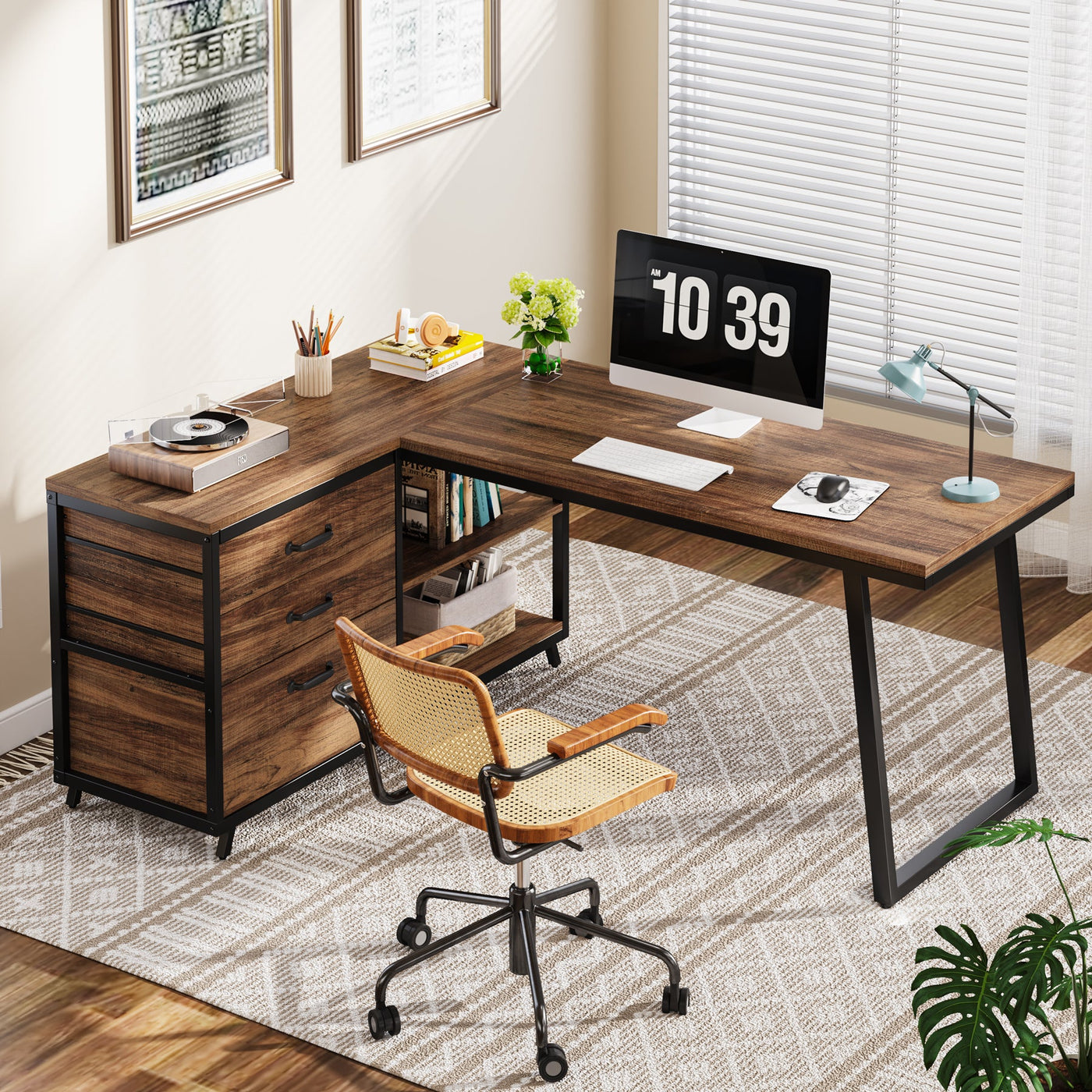 Tribesigns 53" Reversible L-Shaped Desk With 3 Drawers & Shelves