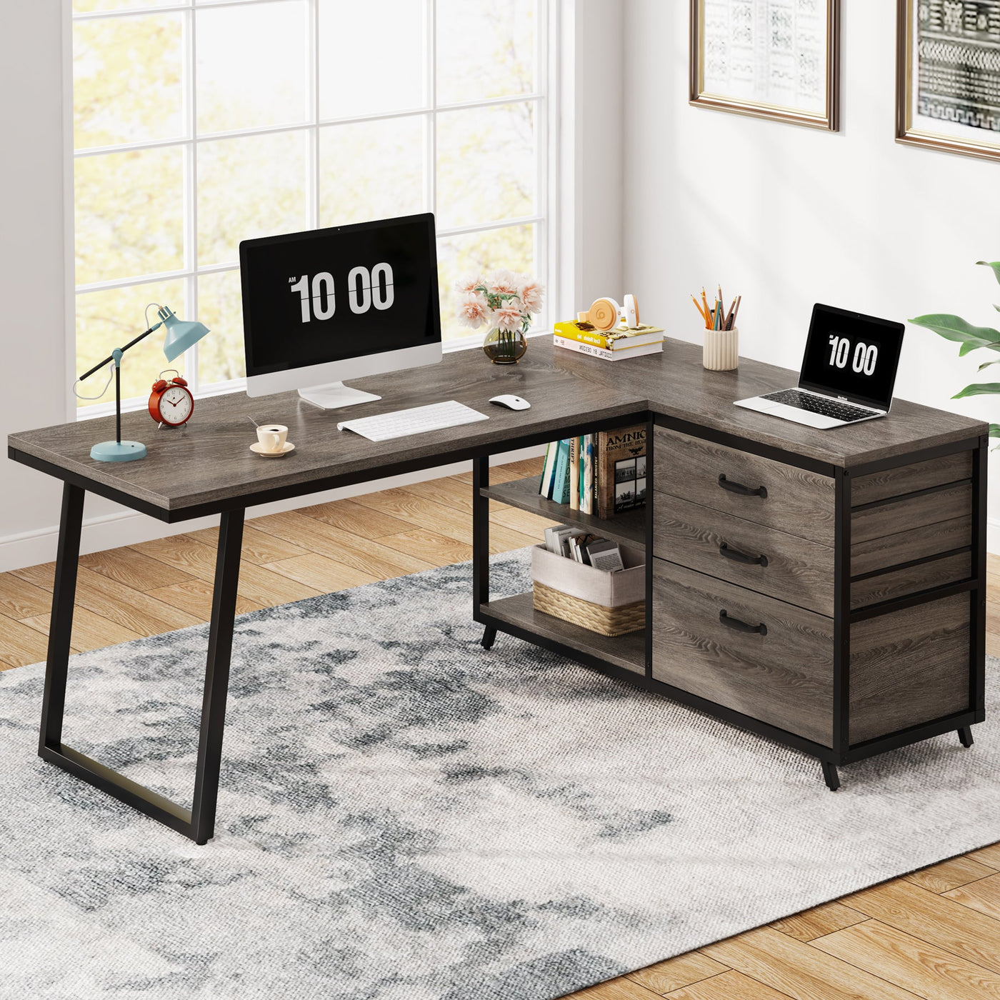 Tribesigns 53" Reversible L-Shaped Desk With 3 Drawers & Shelves