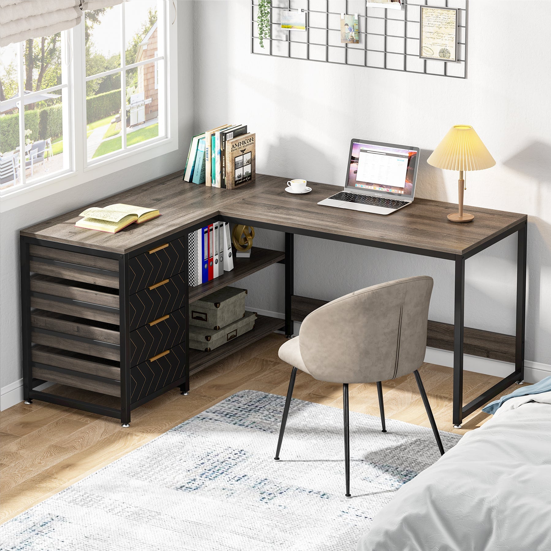Tribesigns 59" Reversible L-Shaped Computer Desk with Drawers & Shelves
