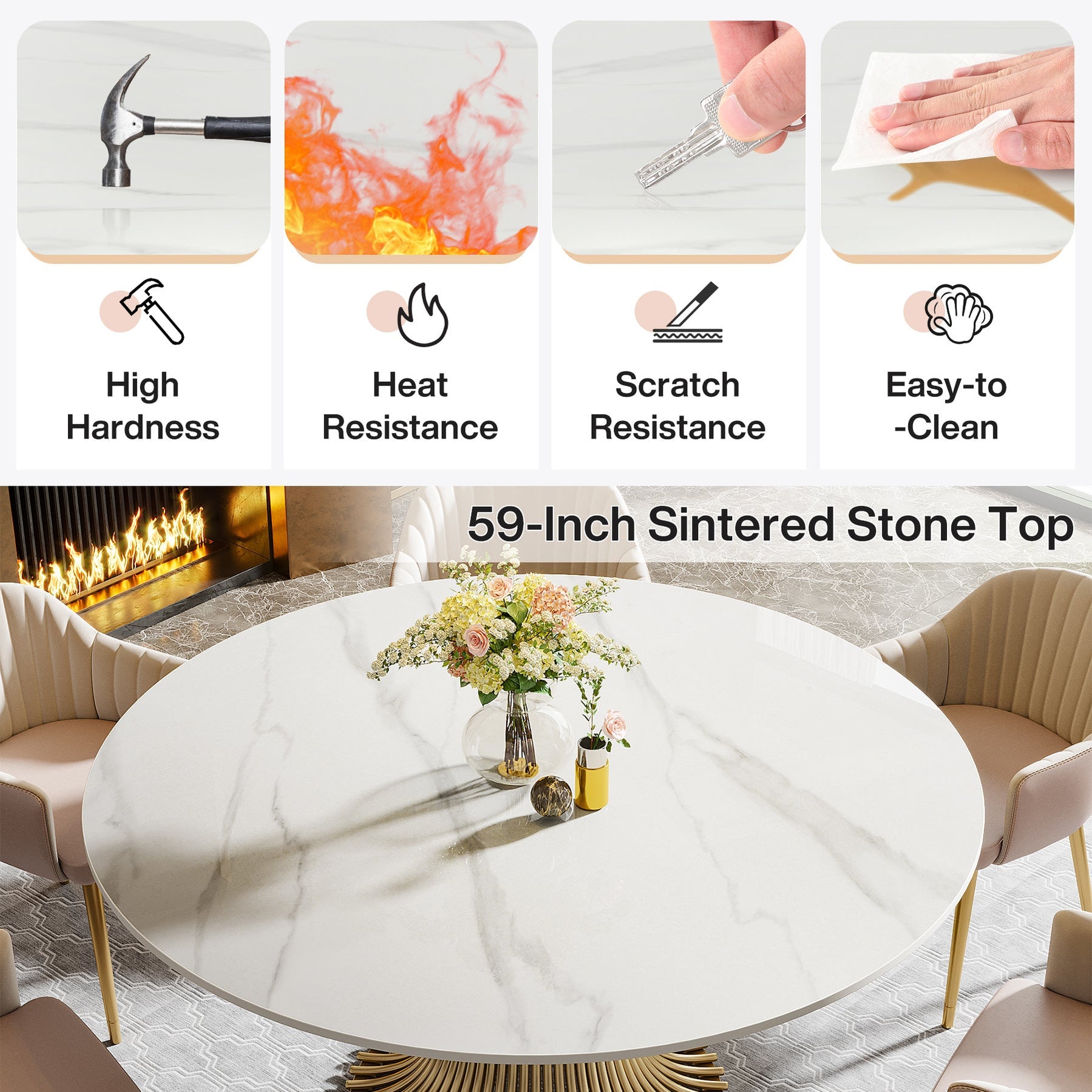 Tribesigns 59" Sintered Stone Round Dining Table, Stainless Steel Base