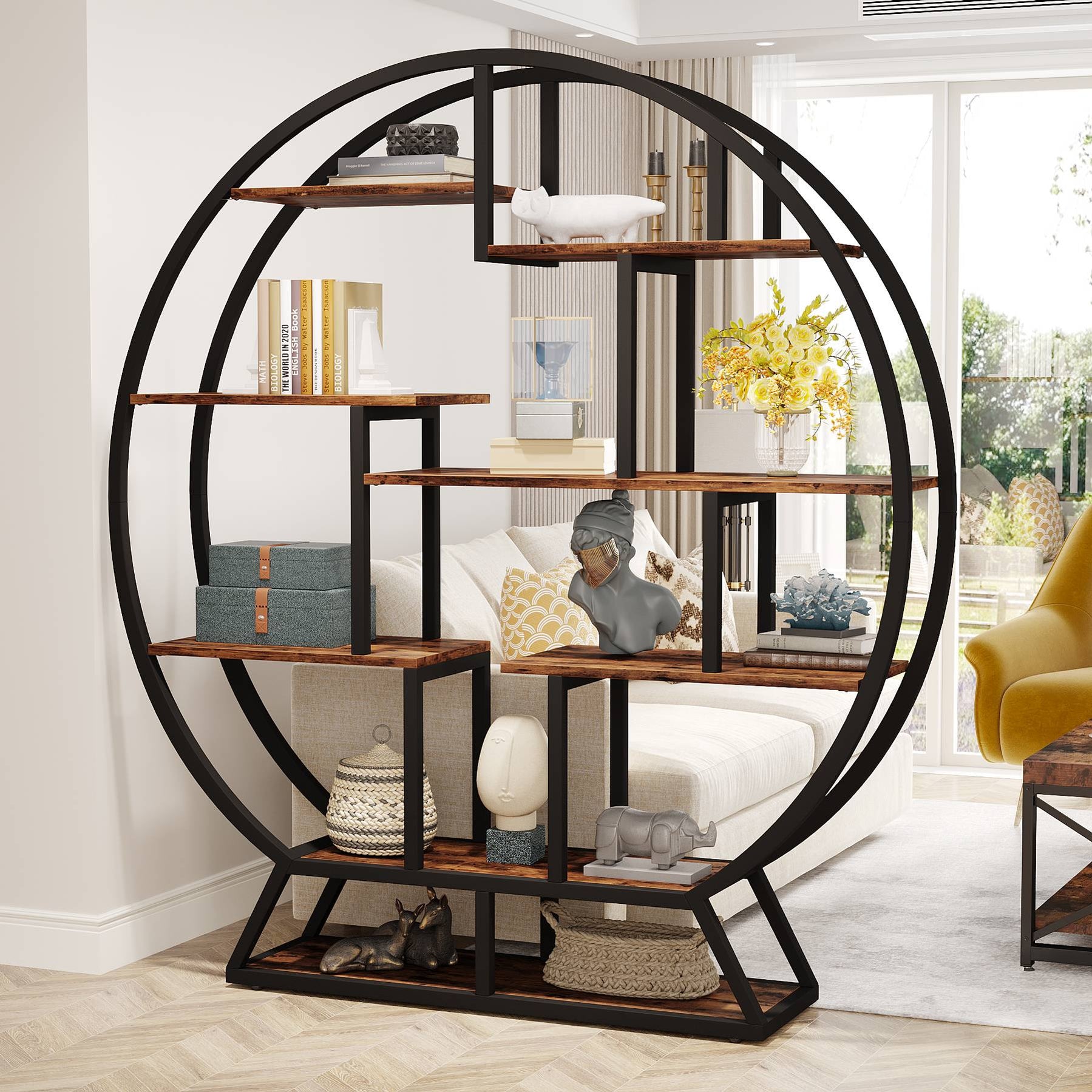Tribesigns 63" Round Bookshelf Etagere Bookcase with Staggered Shelves