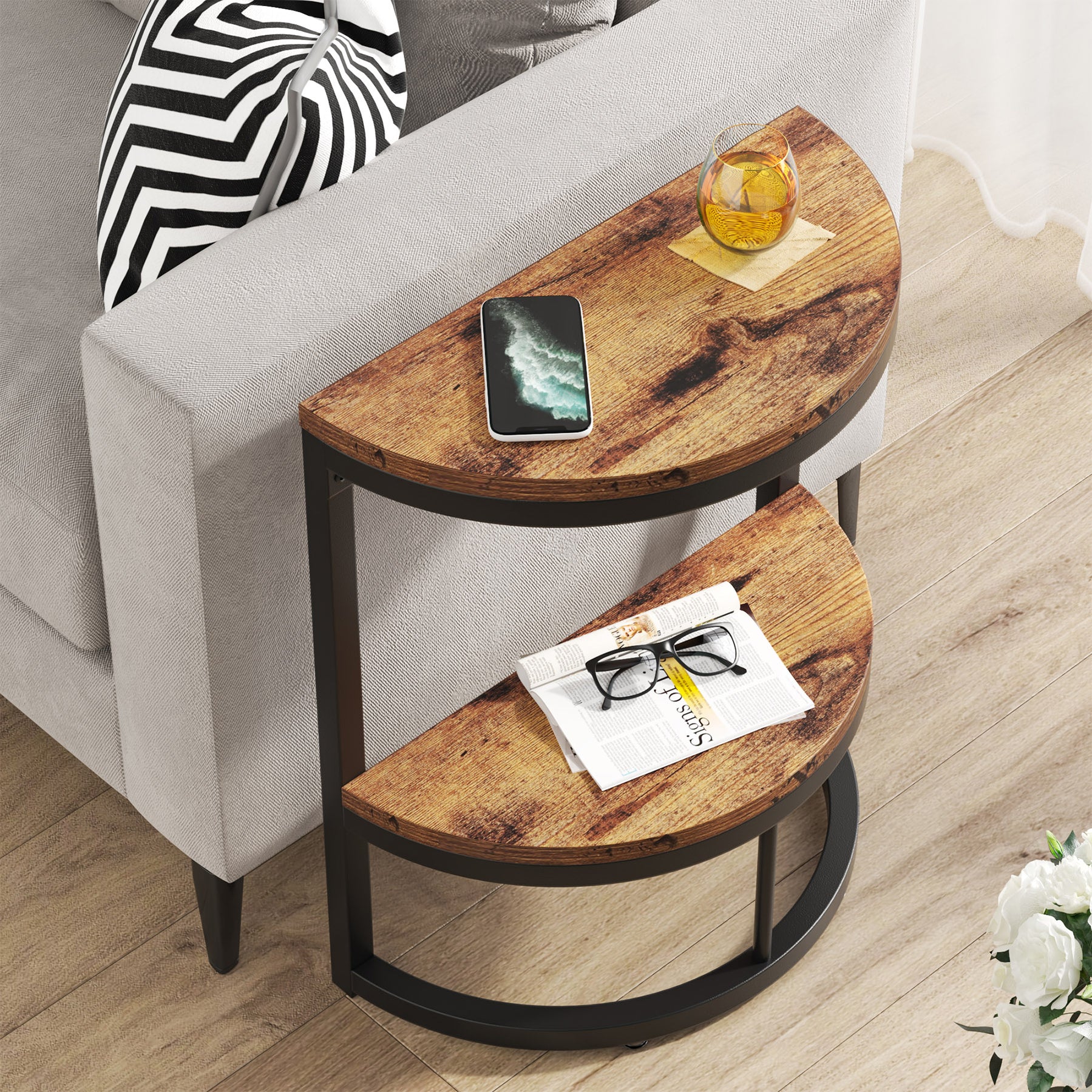 Tribesigns End Table, Half Round Narrow Side Table with Metal Frame