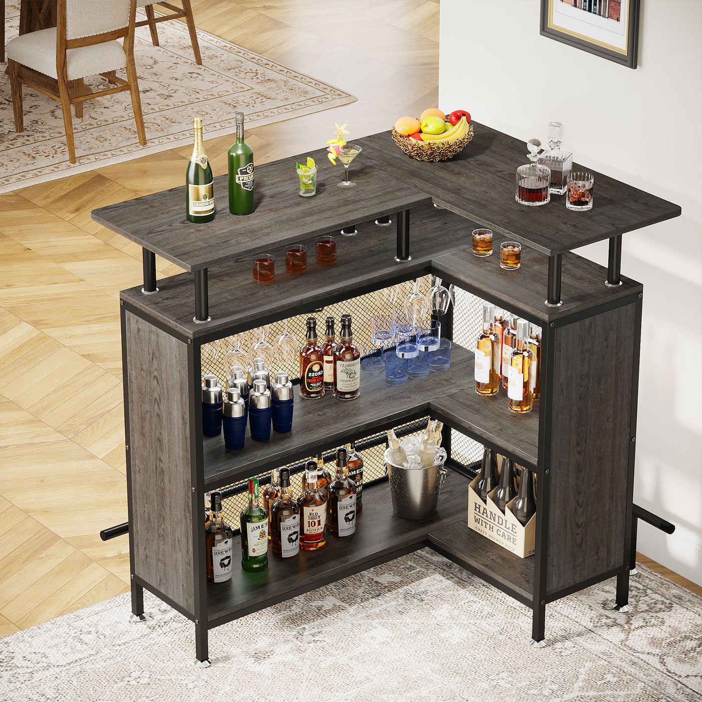 Tribesigns L-Shaped Home Bar Unit with Glasses Holders & Shelves