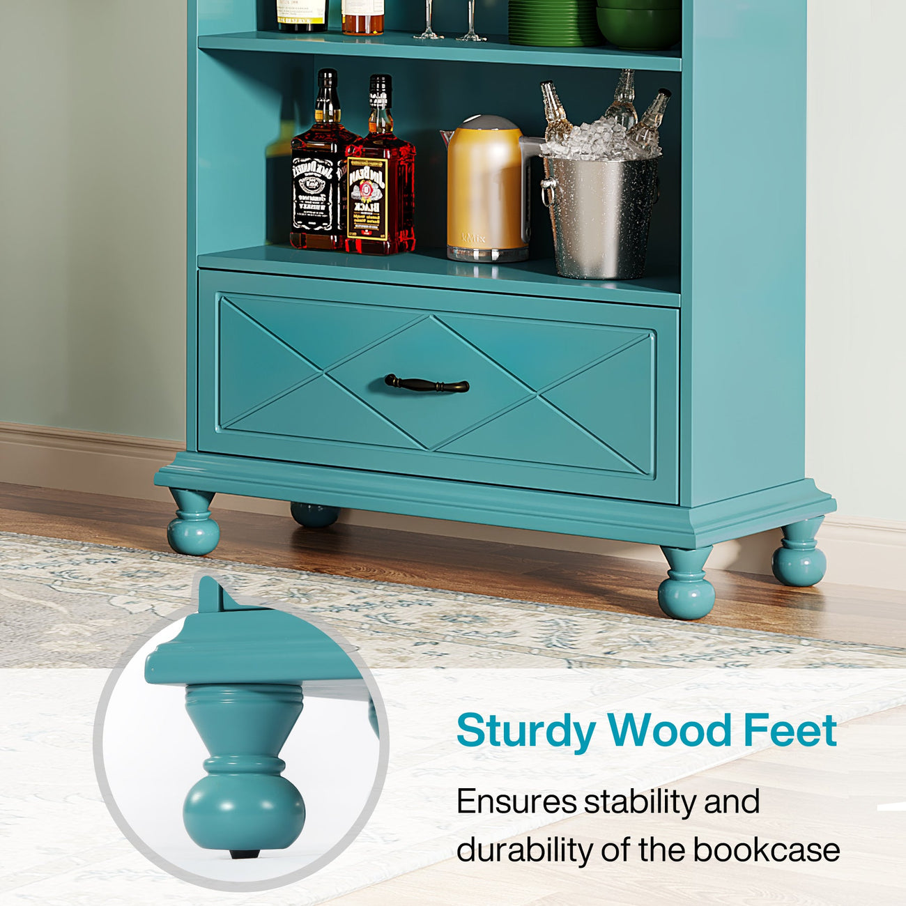 Bookcase 5 Shelf, Bookcase with Drawer and Solid Wood Legs-Tribesigns